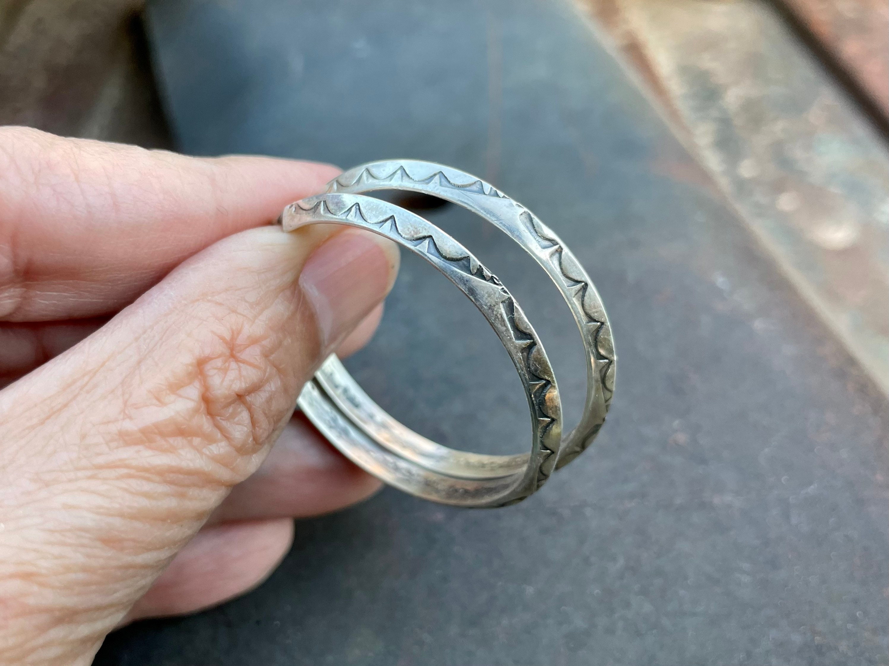 Stamped Sterling Silver Hoop Earrings by Navajo Ben Tahe, Medium Size ...