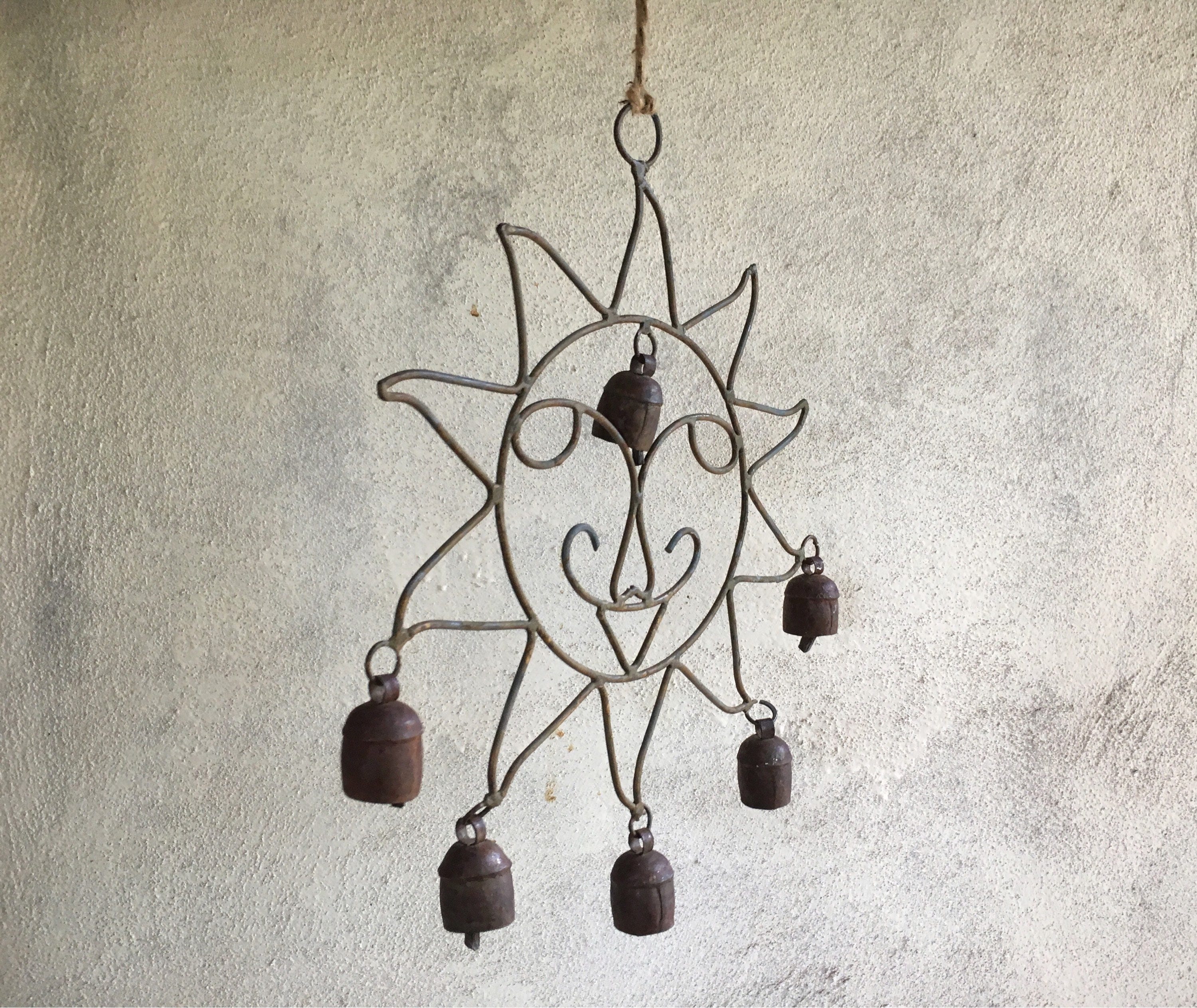 Vintage smiling sun wind chime rusty metal cow bells metal windchimes ...