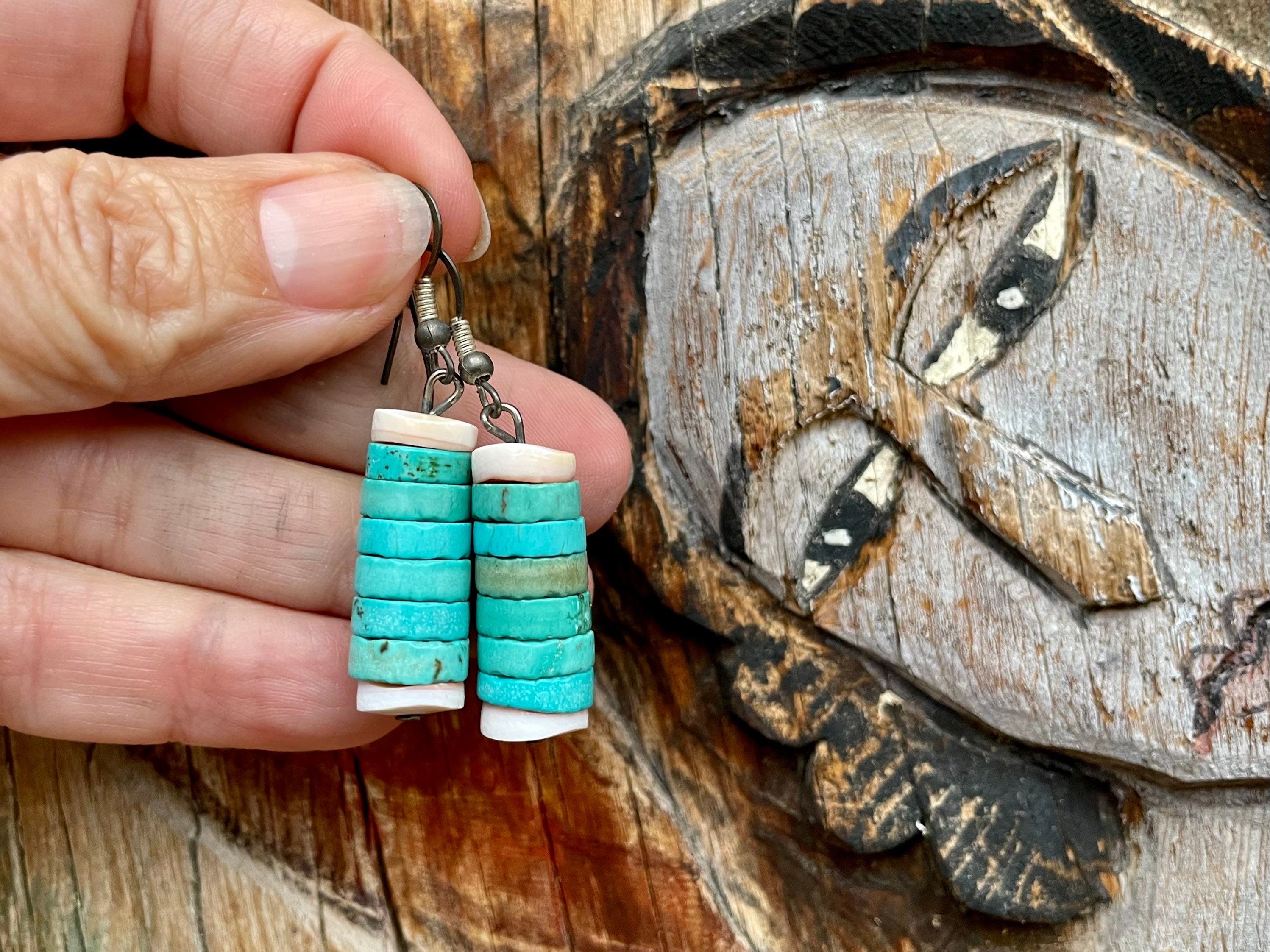 Vintage Stacked Turquoise and White Shell Disc Heishi Earrings, Santo ...