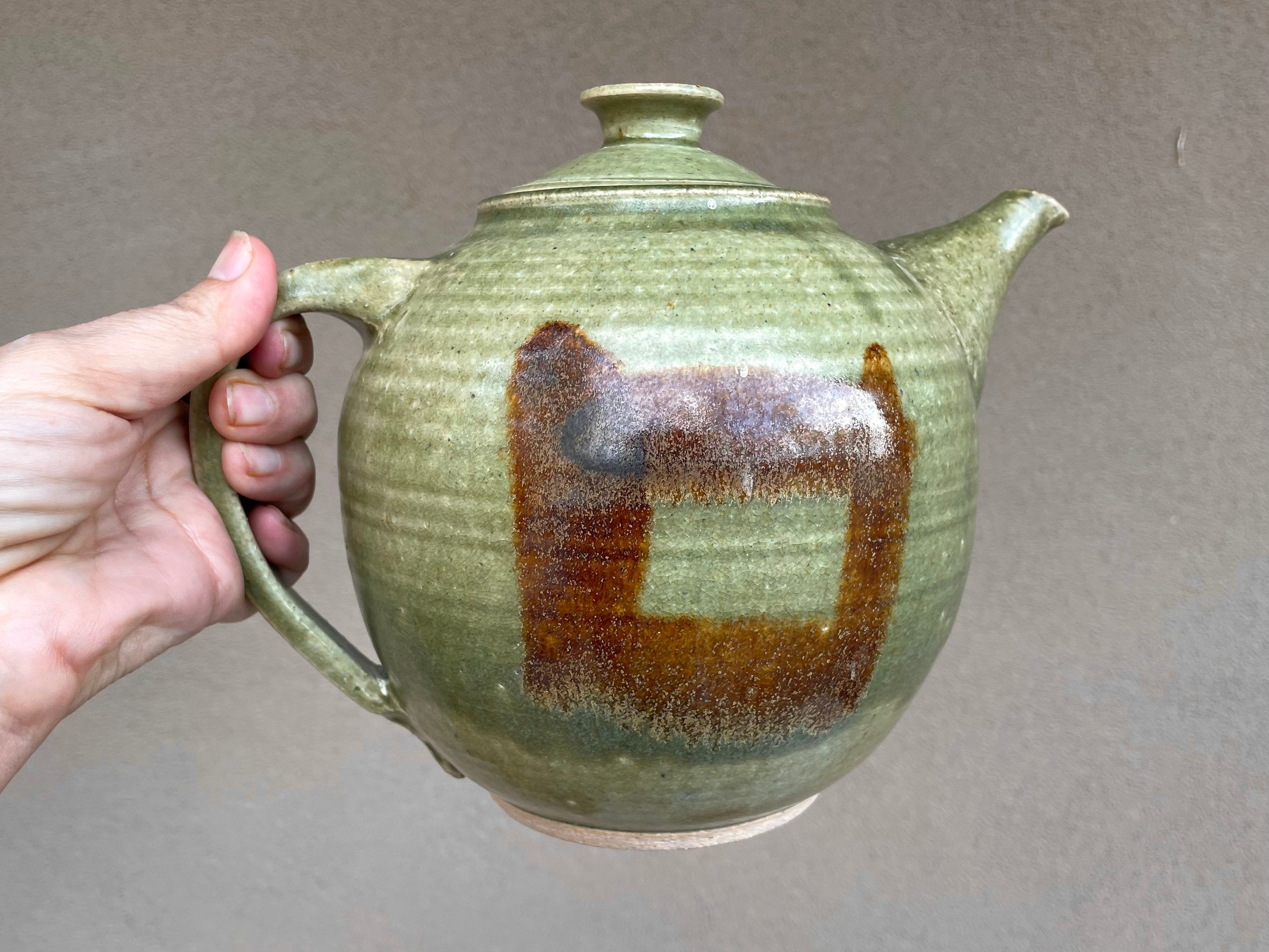Signed Art Studio Pottery Teapot with Green Glaze, Japanese Asian Look ...