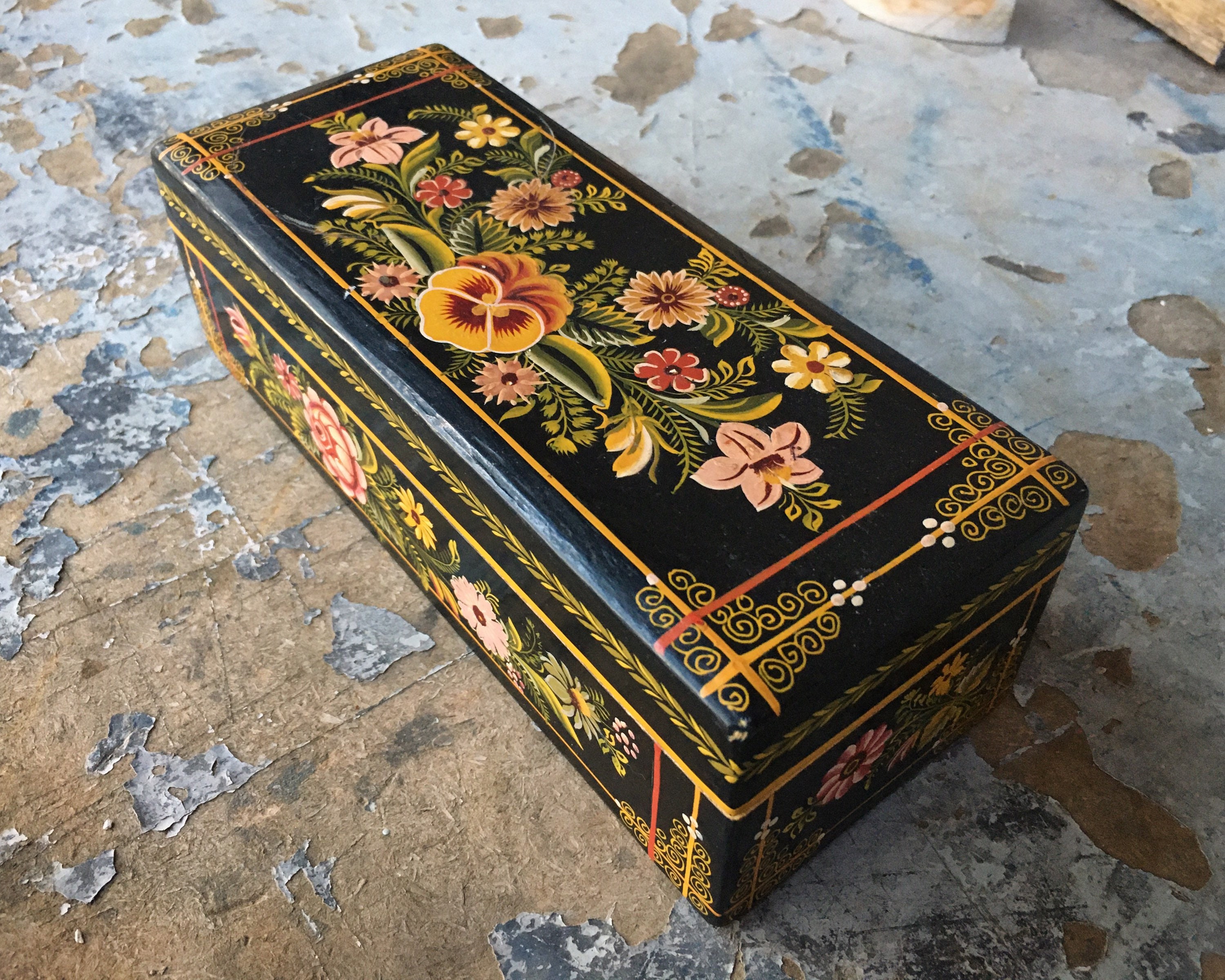 Small Narrow Vintage Mexican Lacquer Painted Wood Box with Floral ...