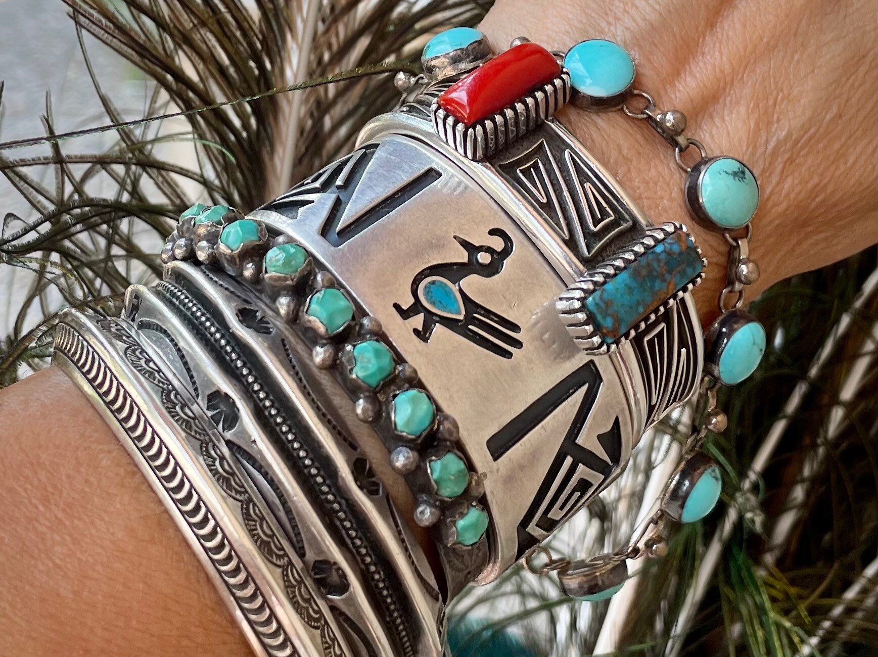 Navajo Leo Yazzie Heavy Sterling Silver Turquoise Coral Cuff Navajo Leo Yazzie Heavy Sterling Silver Turquoise Coral Cuff