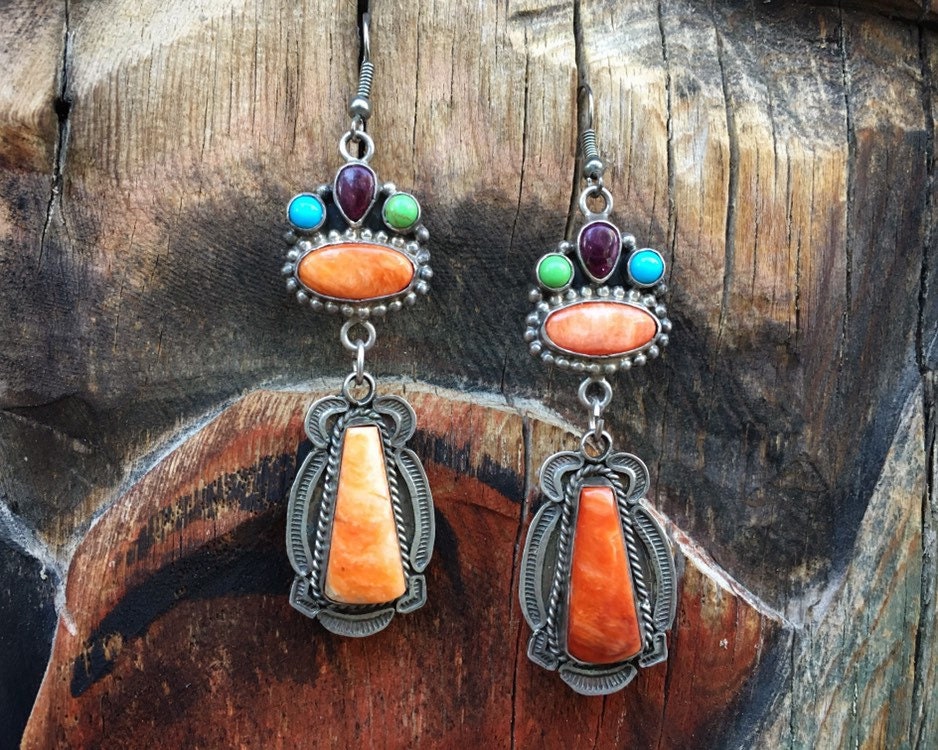 Vintage Spiny Oyster Earrings with Multi Stones Turquoise Jewelry ...