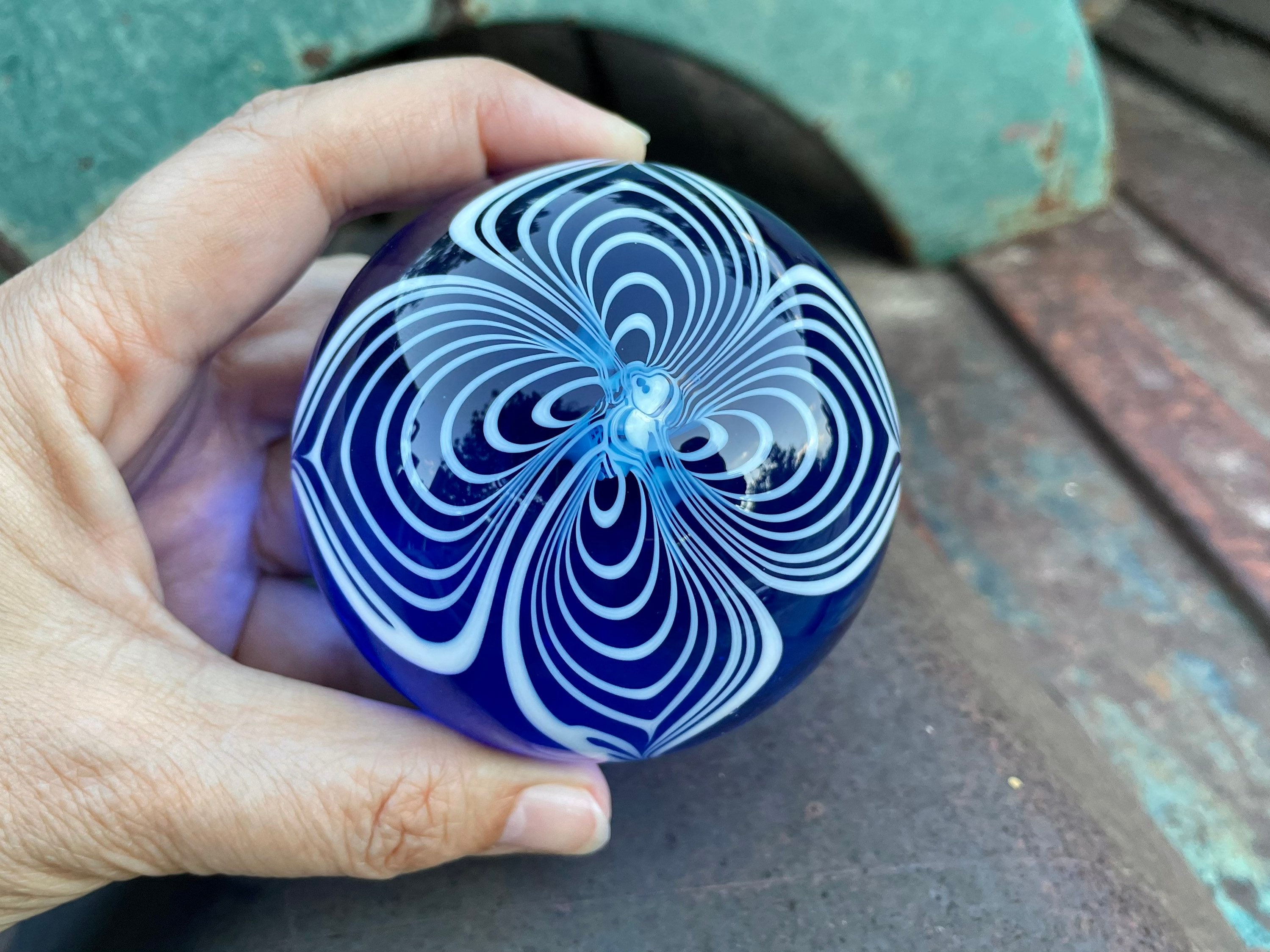 1982 Art Glass Paperweight Signed Terry Crider, Blue Pulled Flower ...