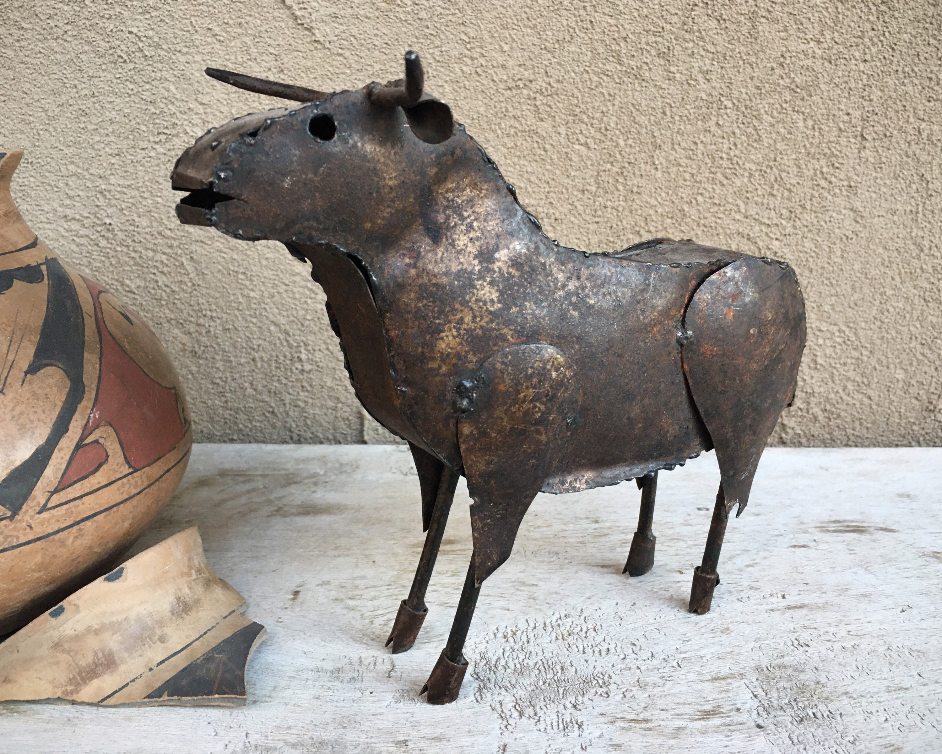 Vintage Spanish Revival Metal Bull Figurine, Stylized Bull Sculpture ...