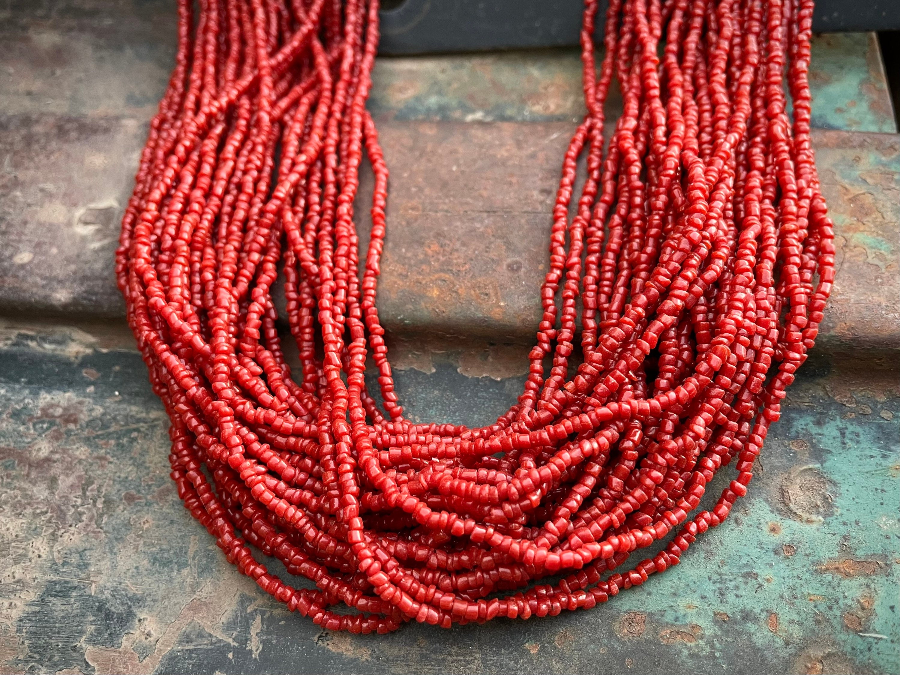 Vintage 30 Strand Red Coral Colored Seed Bead Moroccan Necklace 31