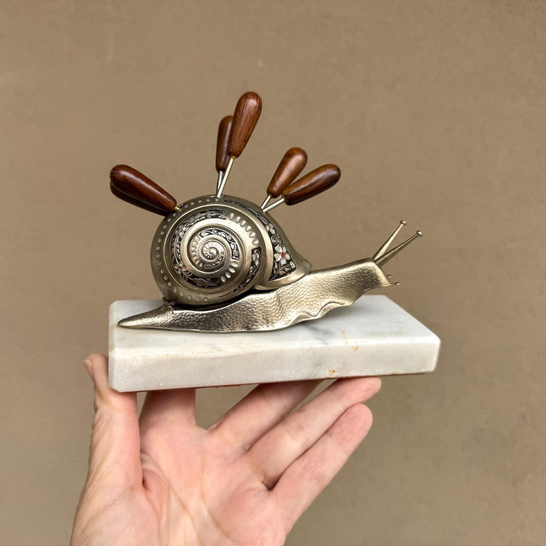 Vintage Snail With Escargot Picks Teak Handles, Art Deco Enamel ...