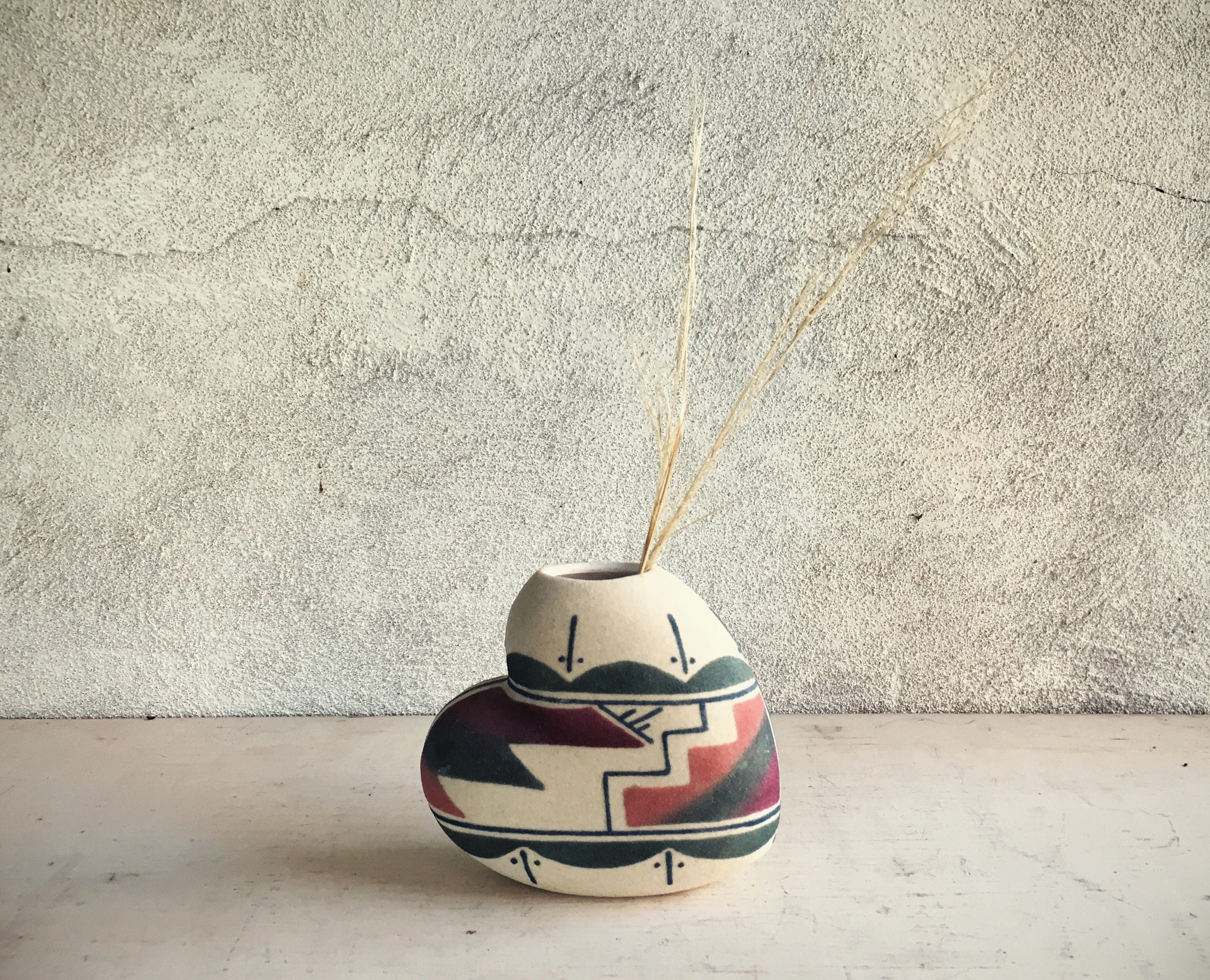Vintage Southwestern Pottery Vase Native American Style, Heart Shaped Vase
