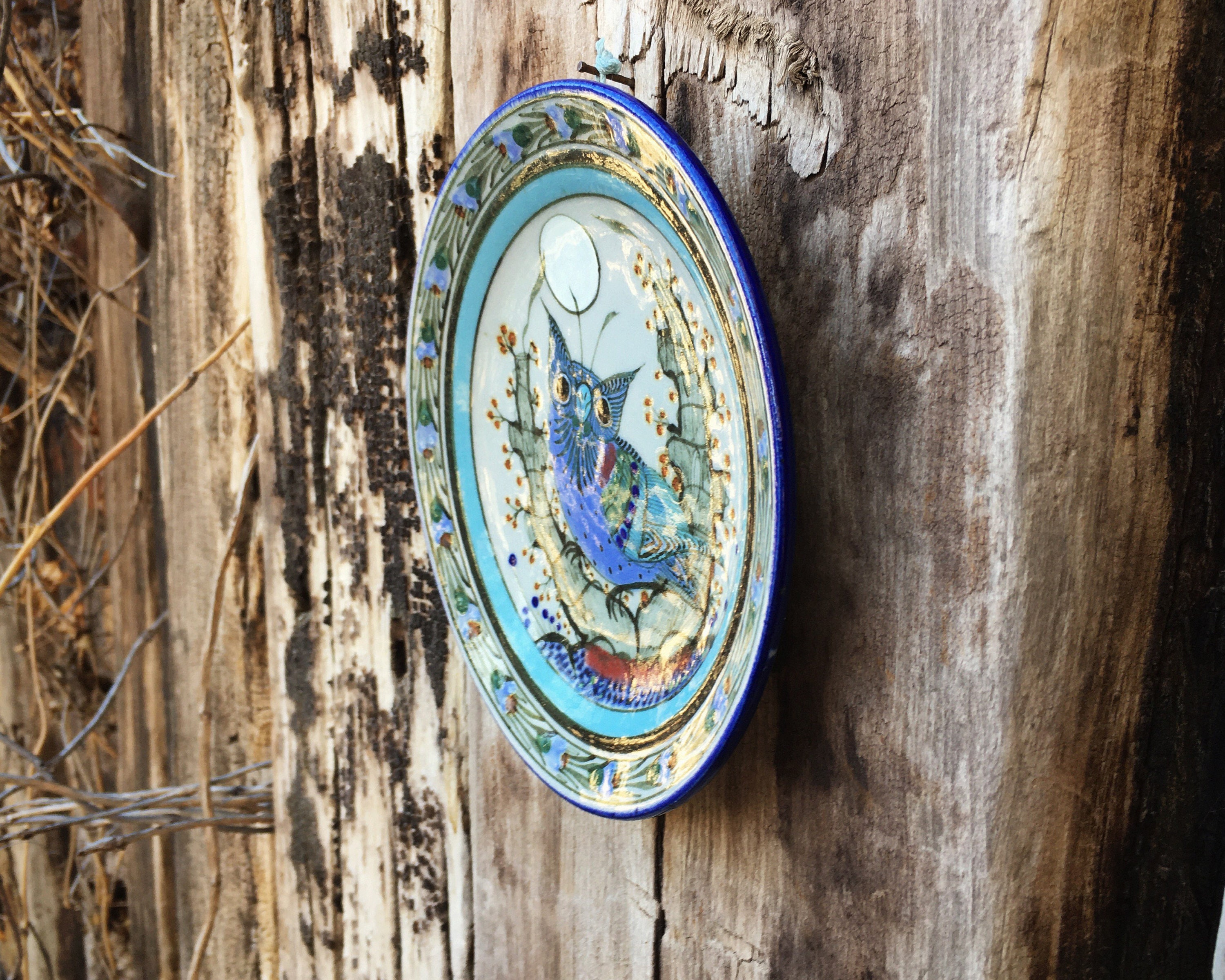 Signed Ken Edwards Pottery 7 Plate with Blue Horned Owl Design, El ...