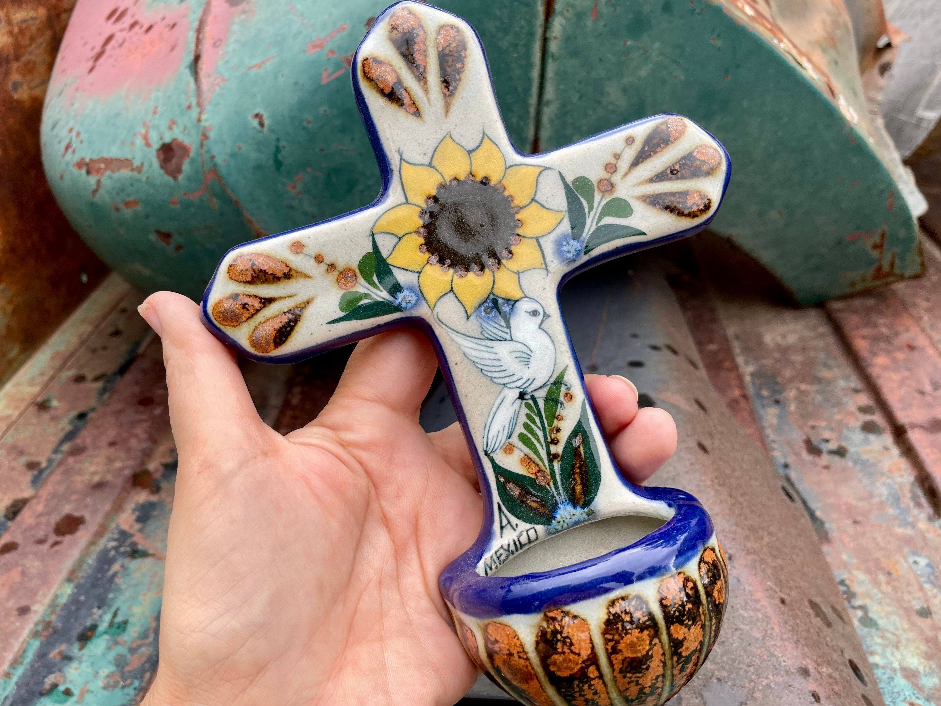 Talavera Pottery Cross Wall Hanging Holy Water Font, Southwestern Decor ...