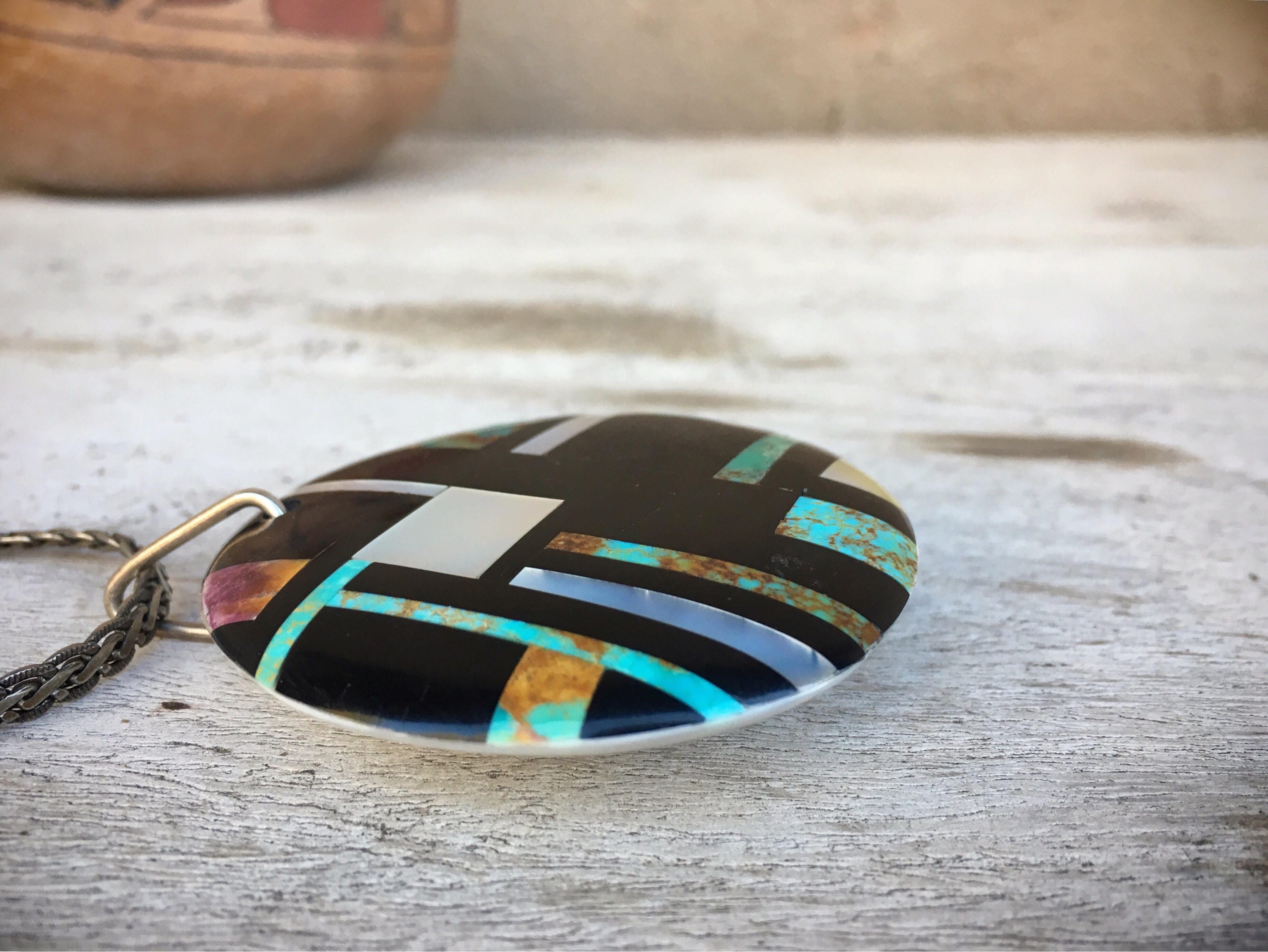 Turquoise Pendant Necklace Shell Inlay Jewelry, Native American Indian ...