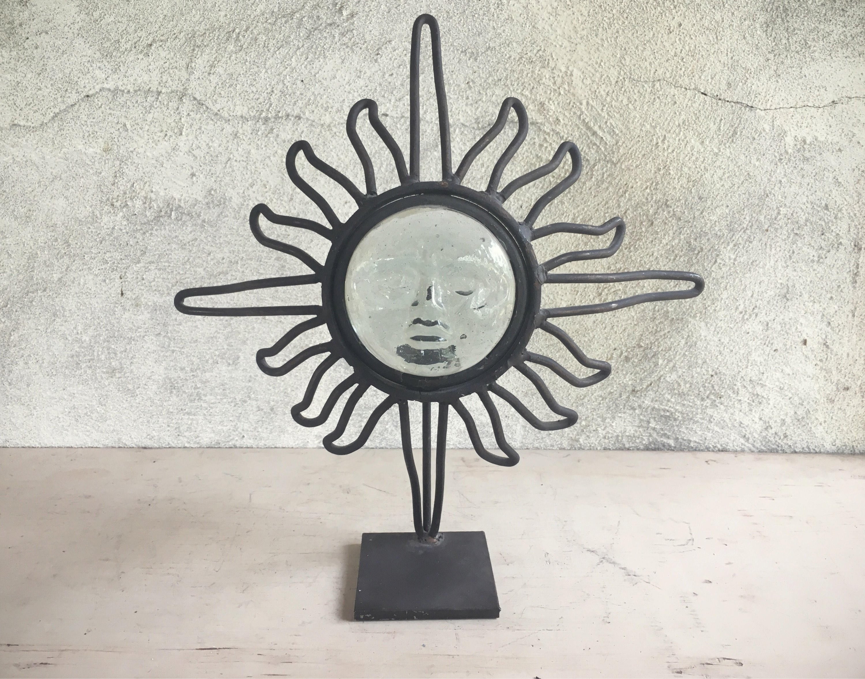 Vintage 11-1/2 tall rustic metal molded glass sun face candle holder ...