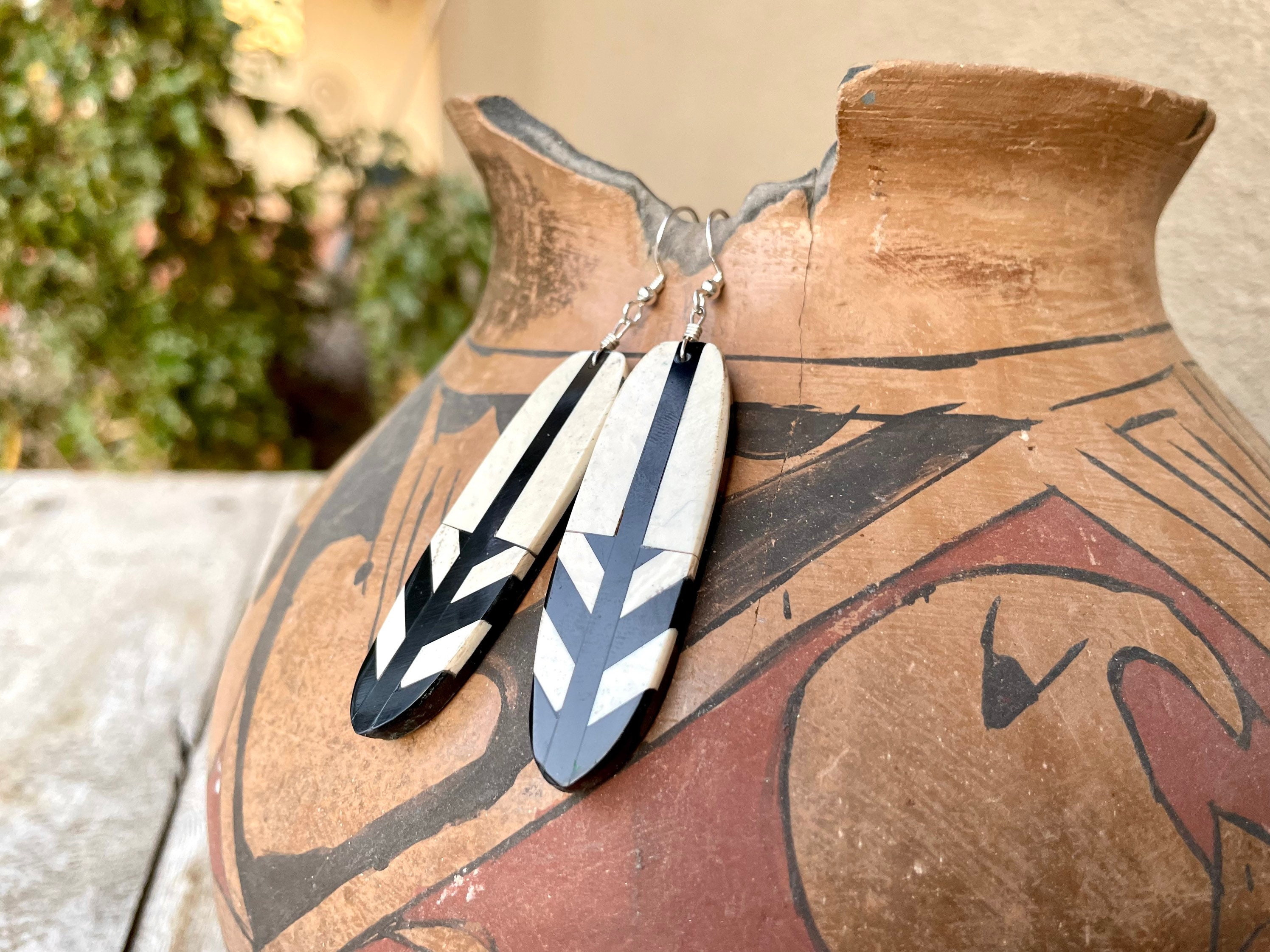 Black Jet and White Magnesite Slab Earrings by Santo Domingo Rudy Coriz ...