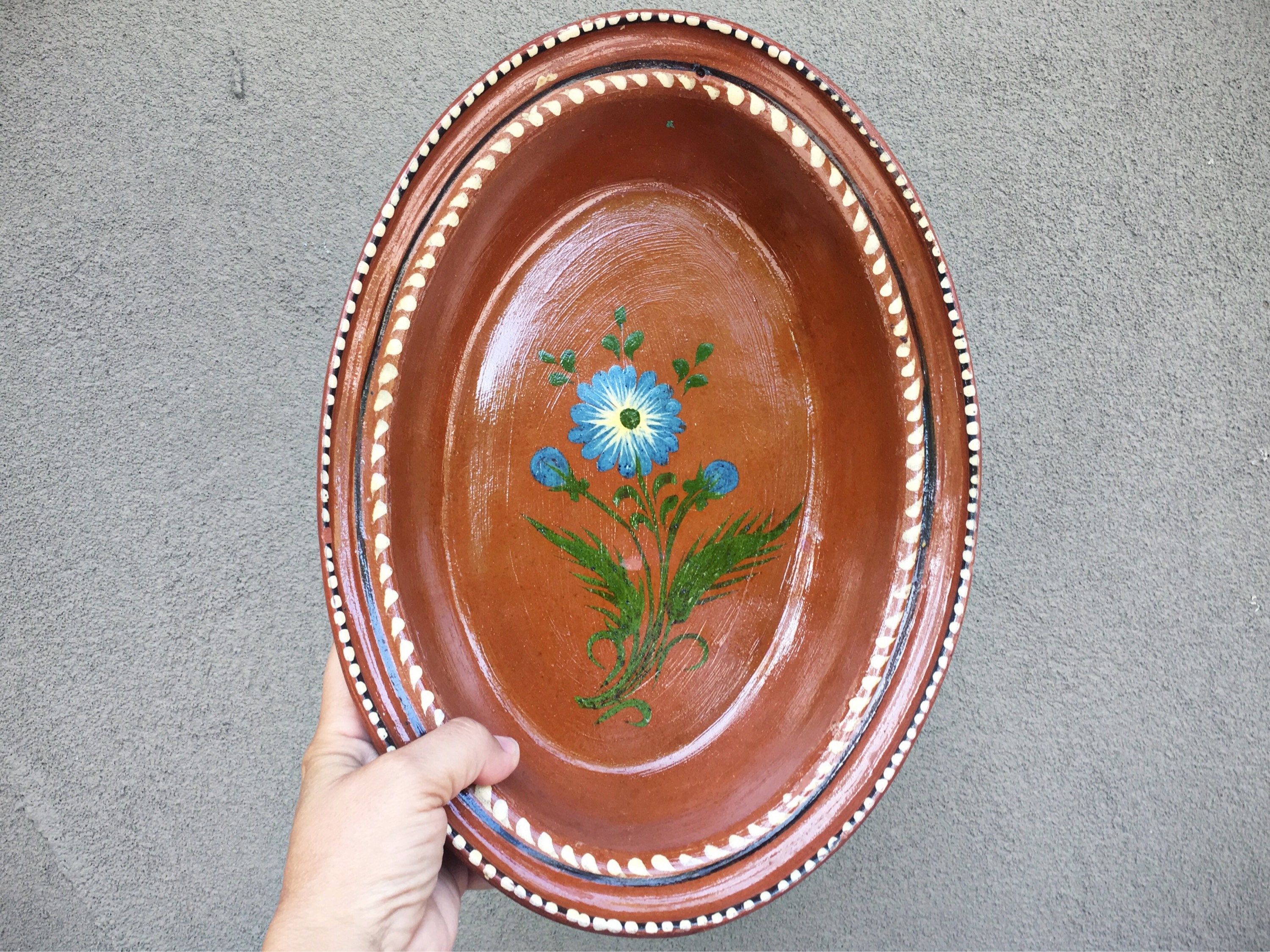 Mexican Pottery Oval Dish Blue Flower Decor Capula Michoacan Redware ...
