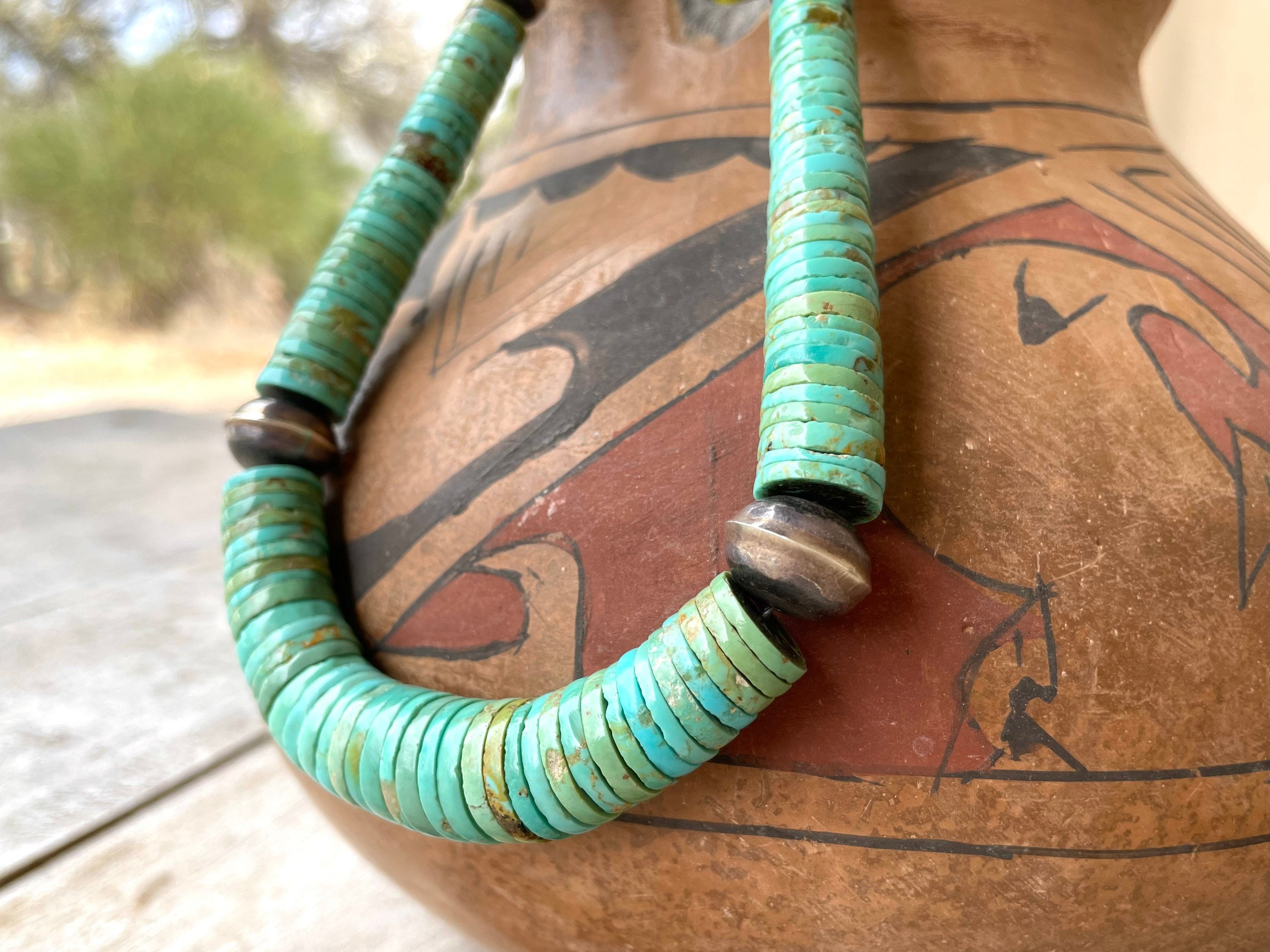 Vintage Thick Rolled Wafer Disc Turquoise Heishi Necklace, Native ...