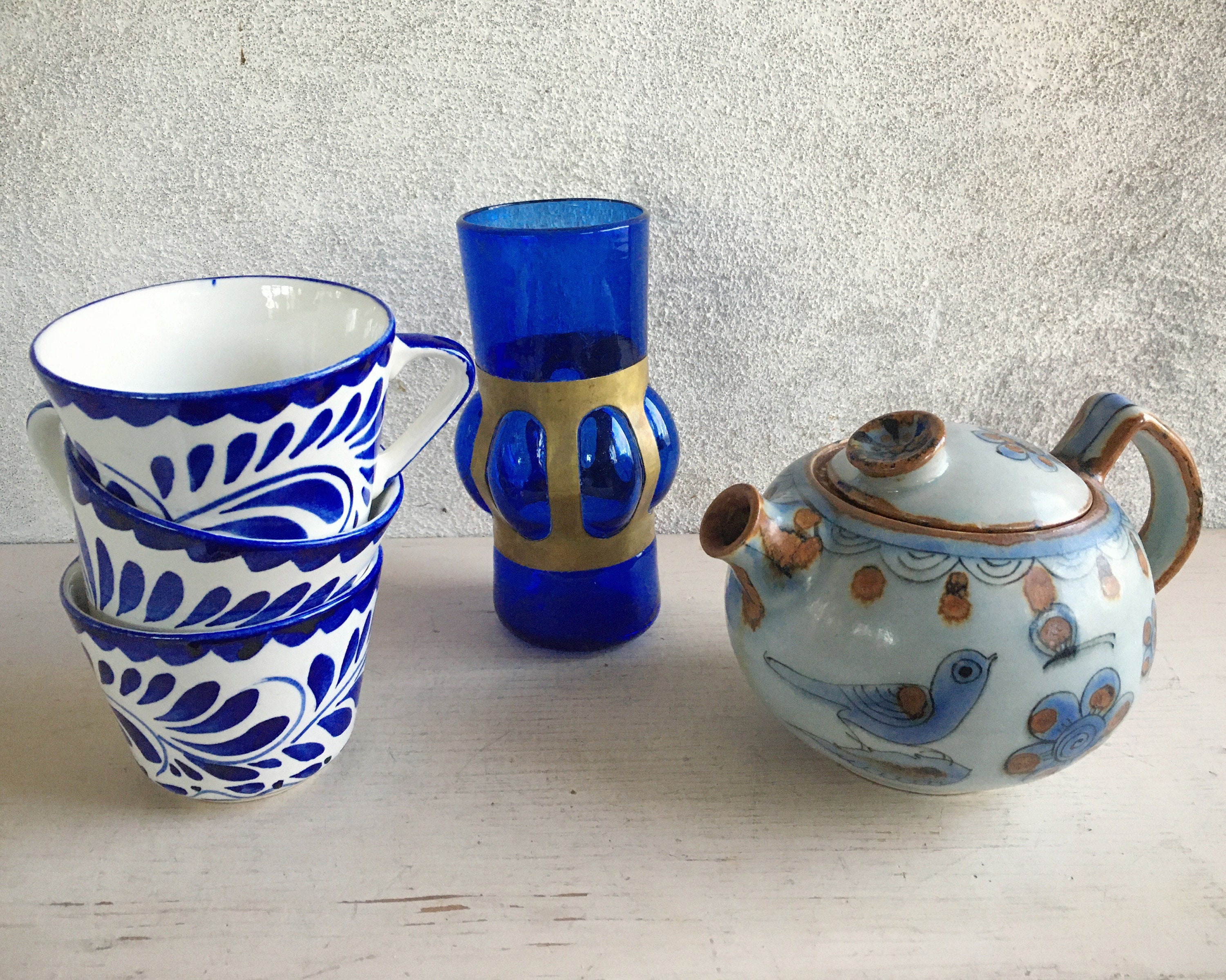 Three Vintage Mexican Anfora Puebla Blue Cups, Blue and White Talavera ...
