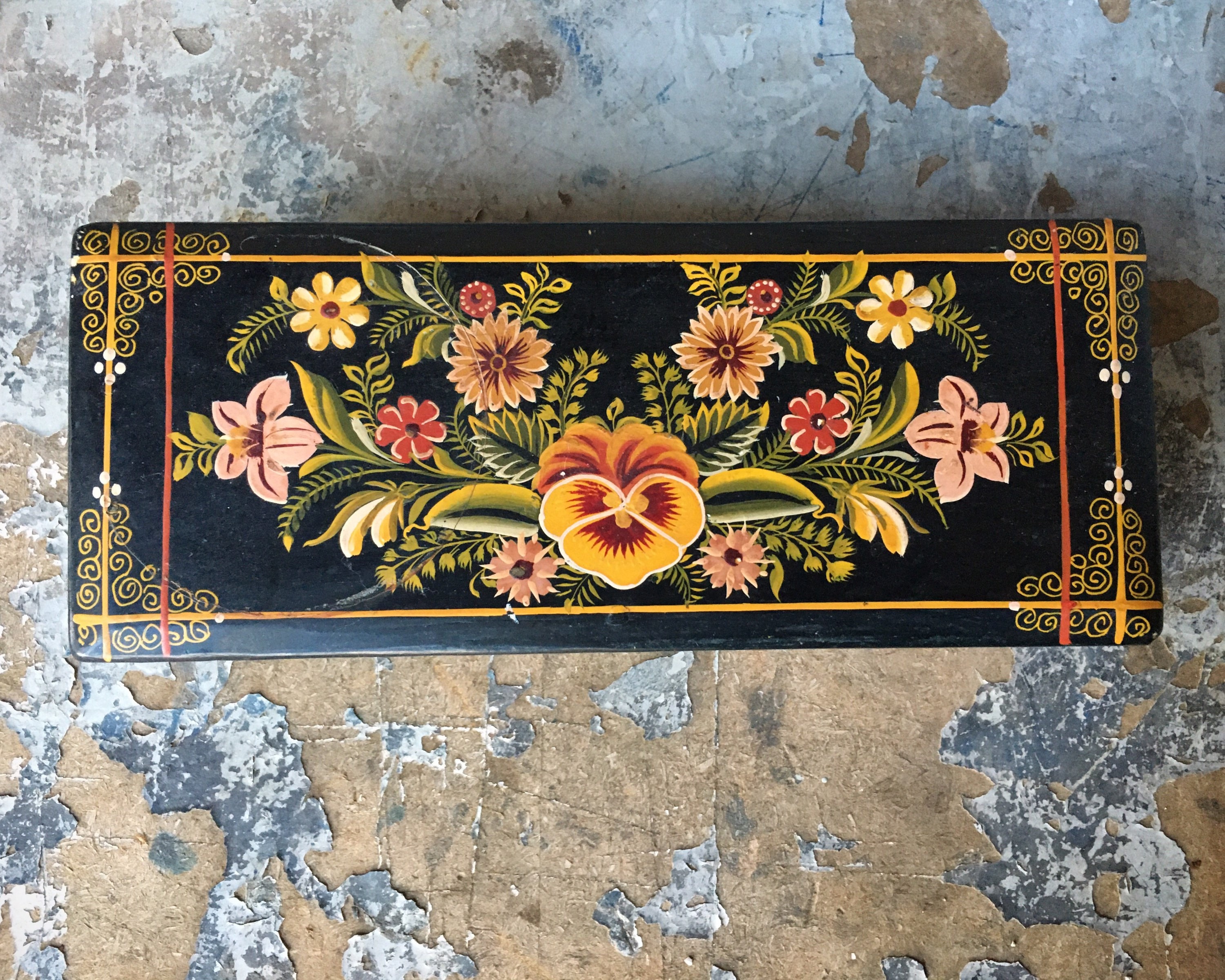 Small Narrow Vintage Mexican Lacquer Painted Wood Box with Floral ...