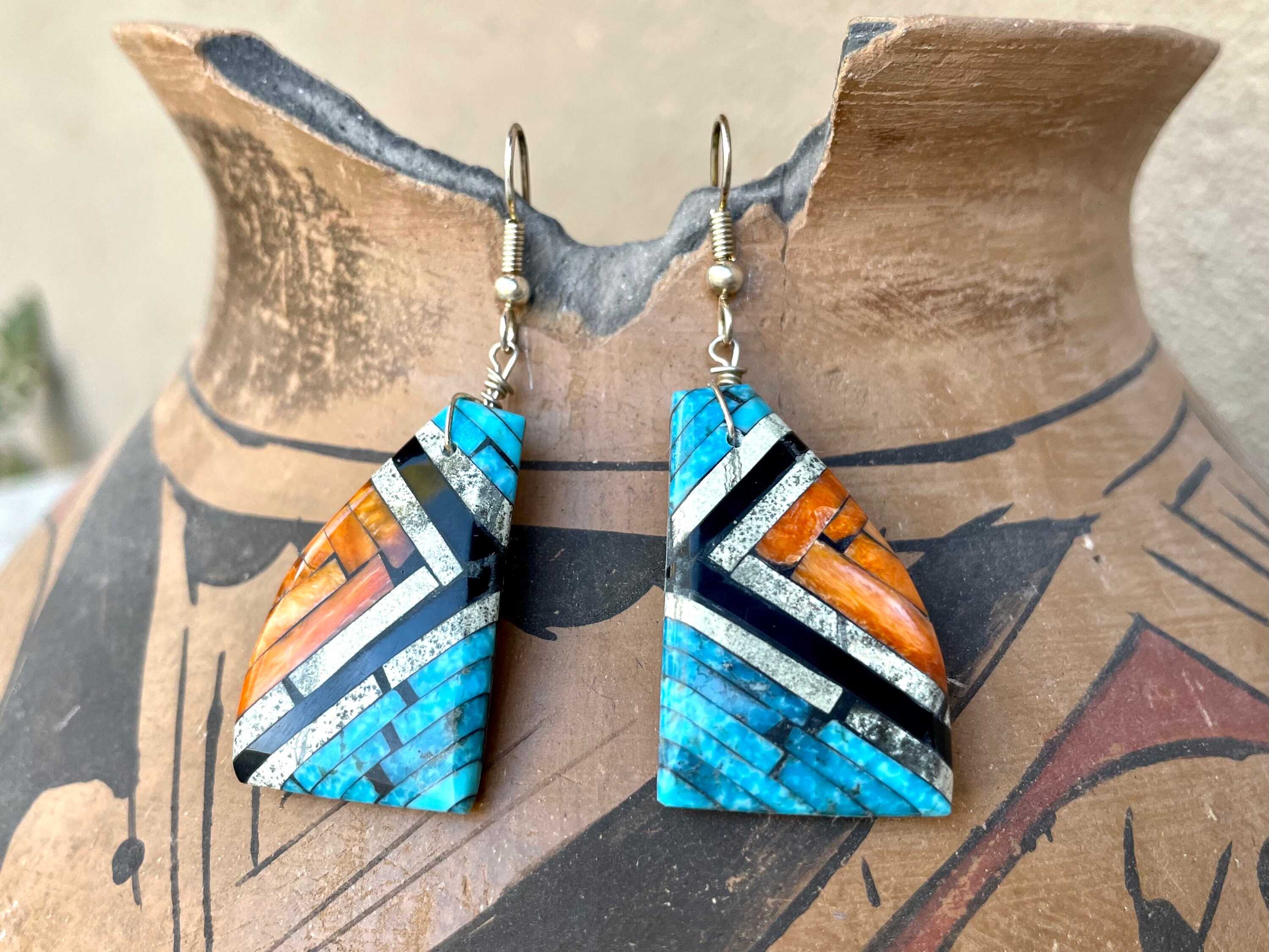 Turquoise Spiny Oyster Onyx Shell Slab Inlay Earrings, Santo Domingo ...