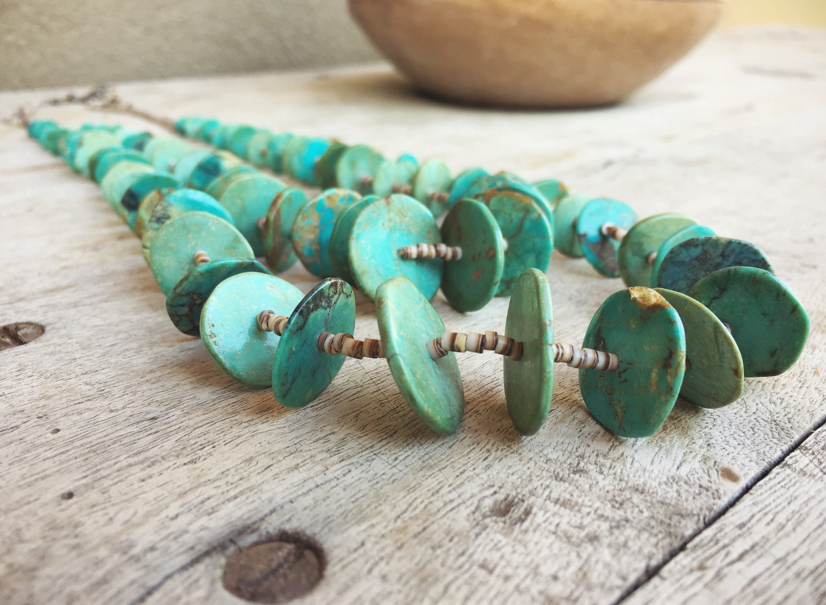 Old Pawn Turquoise Tab Necklaces Disc Heishi, Native American Indian ...