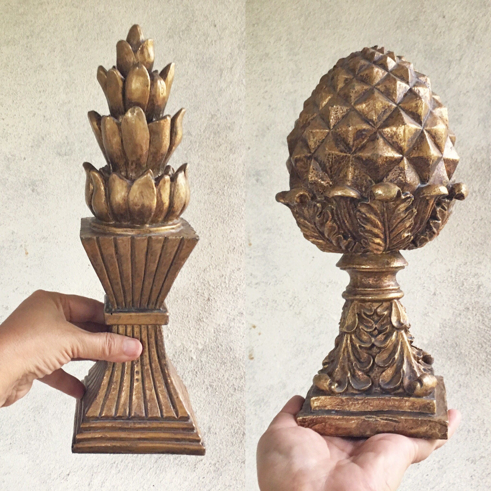 Pair of vintage gold-painted acorn finial pineapple decor ...