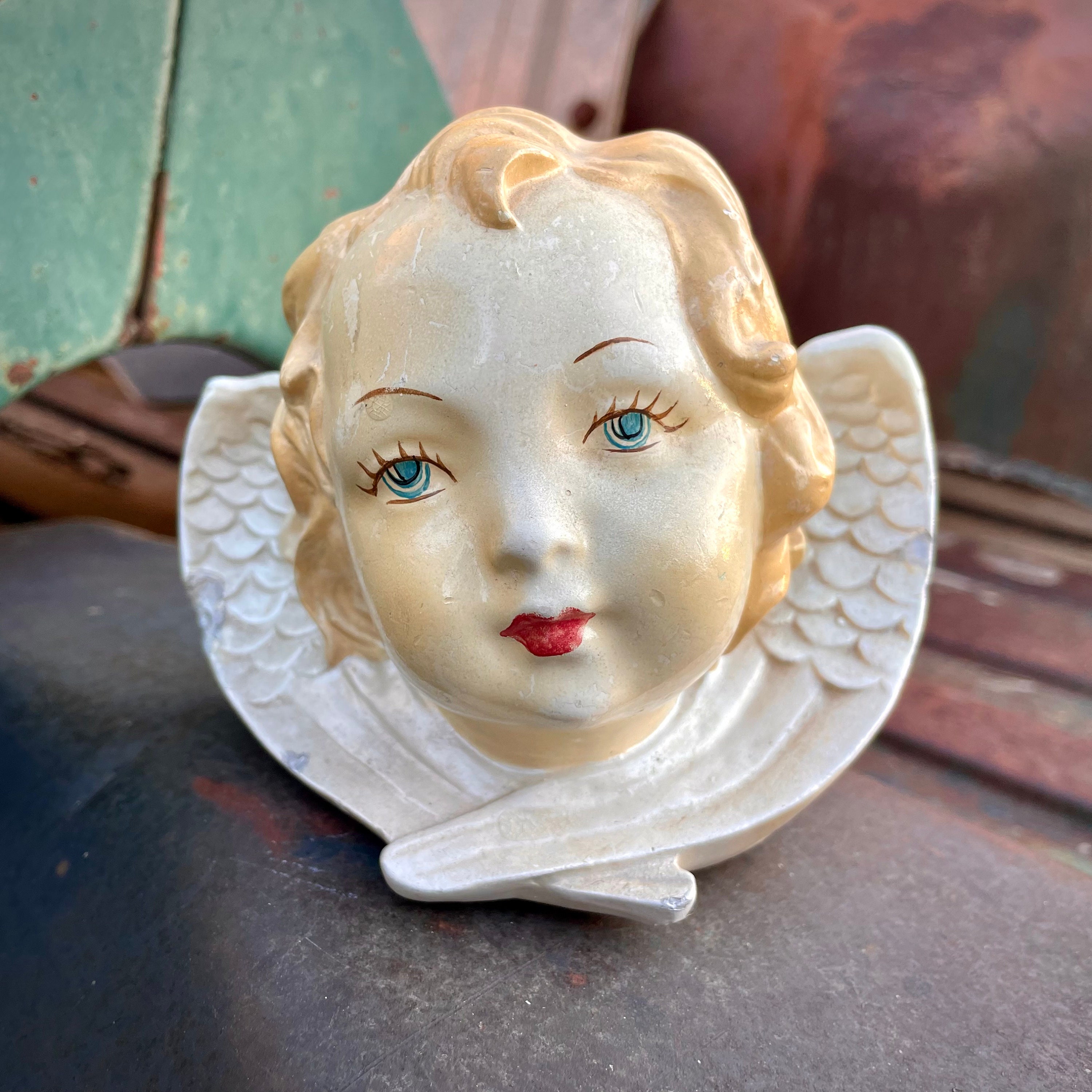 Vintage Distressed Plaster Ceramic Winged Angel Figurine Hand-Painted ...