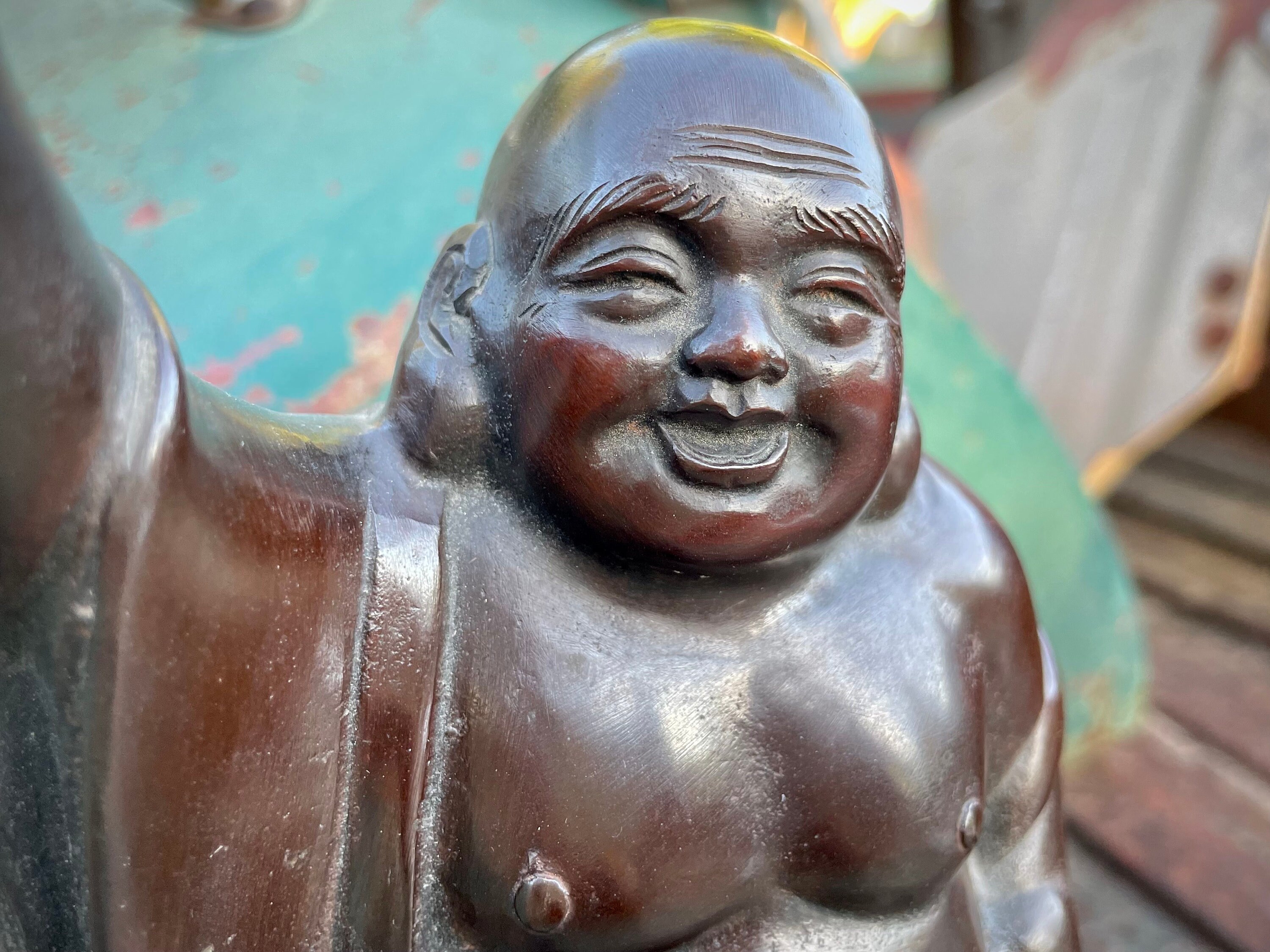 Heavy Signed Copper Bronze Hotei Figurine, Good Luck Talisman ...
