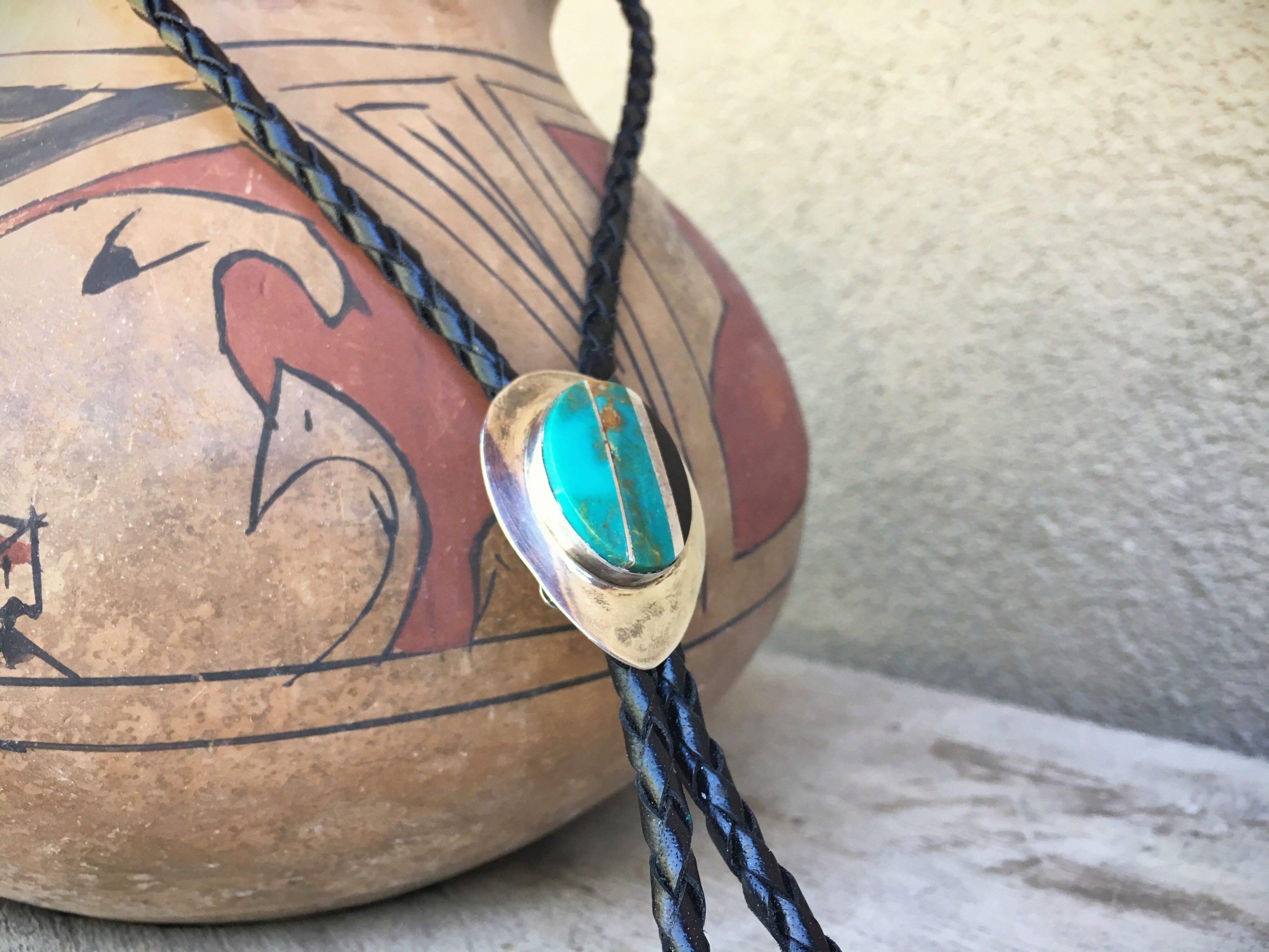 Vintage turquoise bolo tie channel inlay with black onyx Native ...