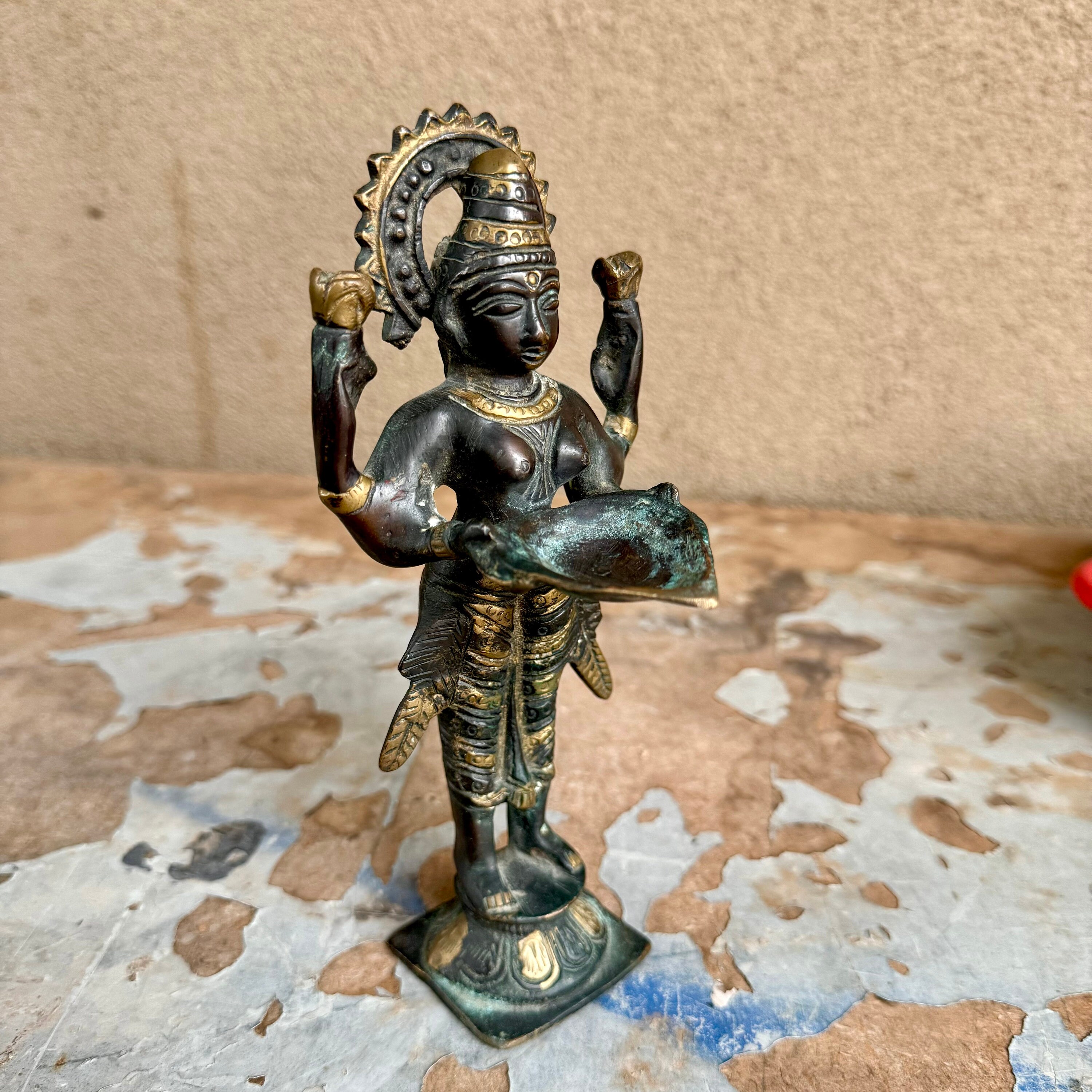 Vintage Brass Four-Arm Vishnu Idol Figure Statue Approx 7 Tall, Hindu ...