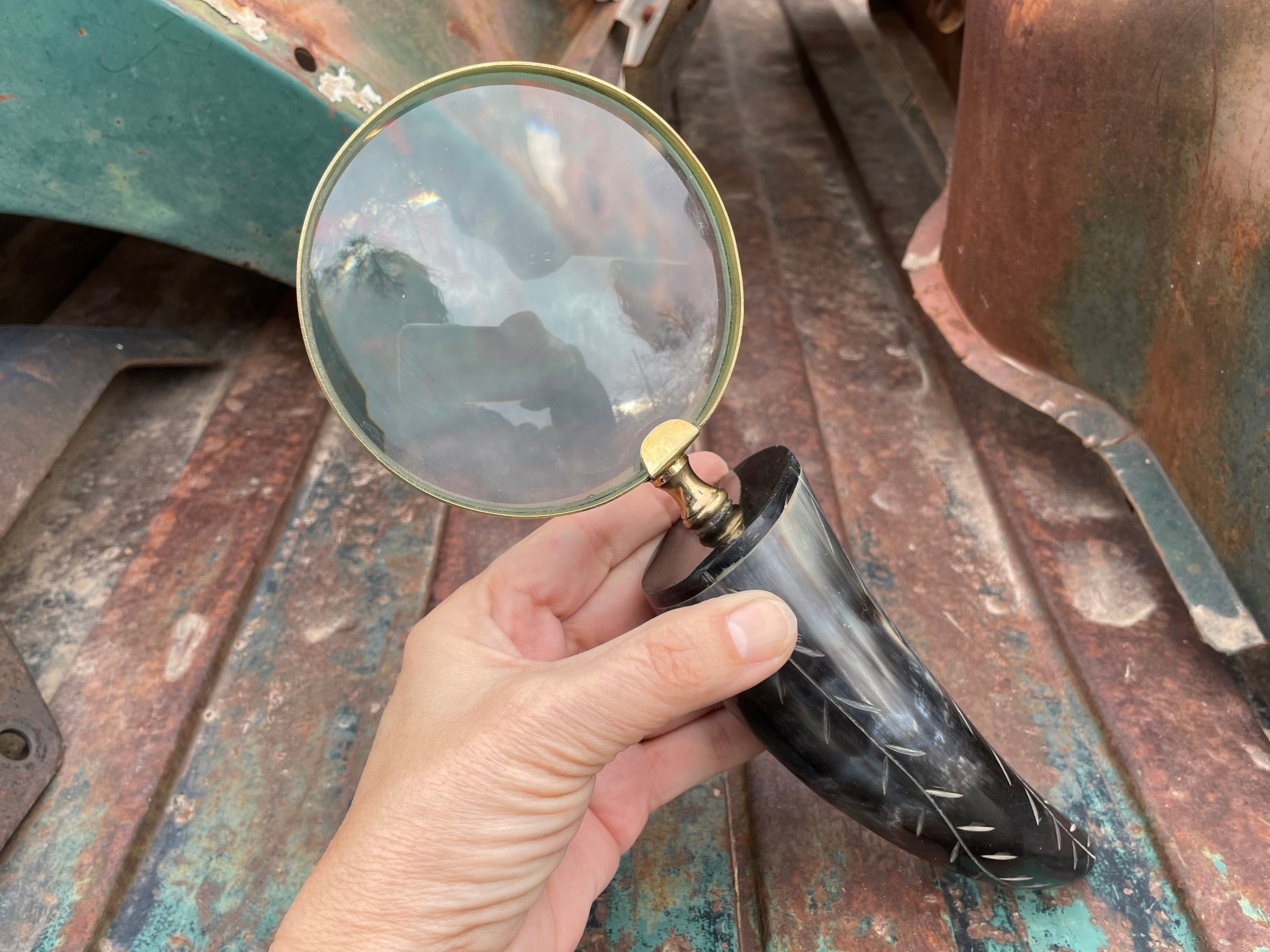 Vintage Carved Horn Handle Magnifying Glass with Brass Frame, Curiosity ...