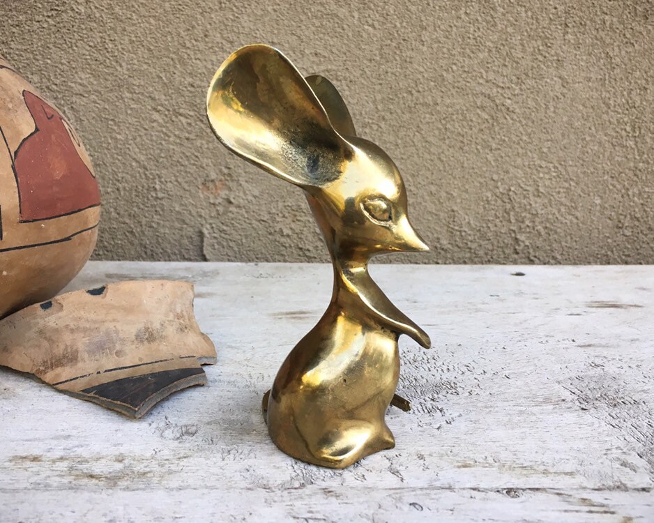 Mid Century Modern Solid Brass Mouse with Big Ears Curled Tail Figurine ...