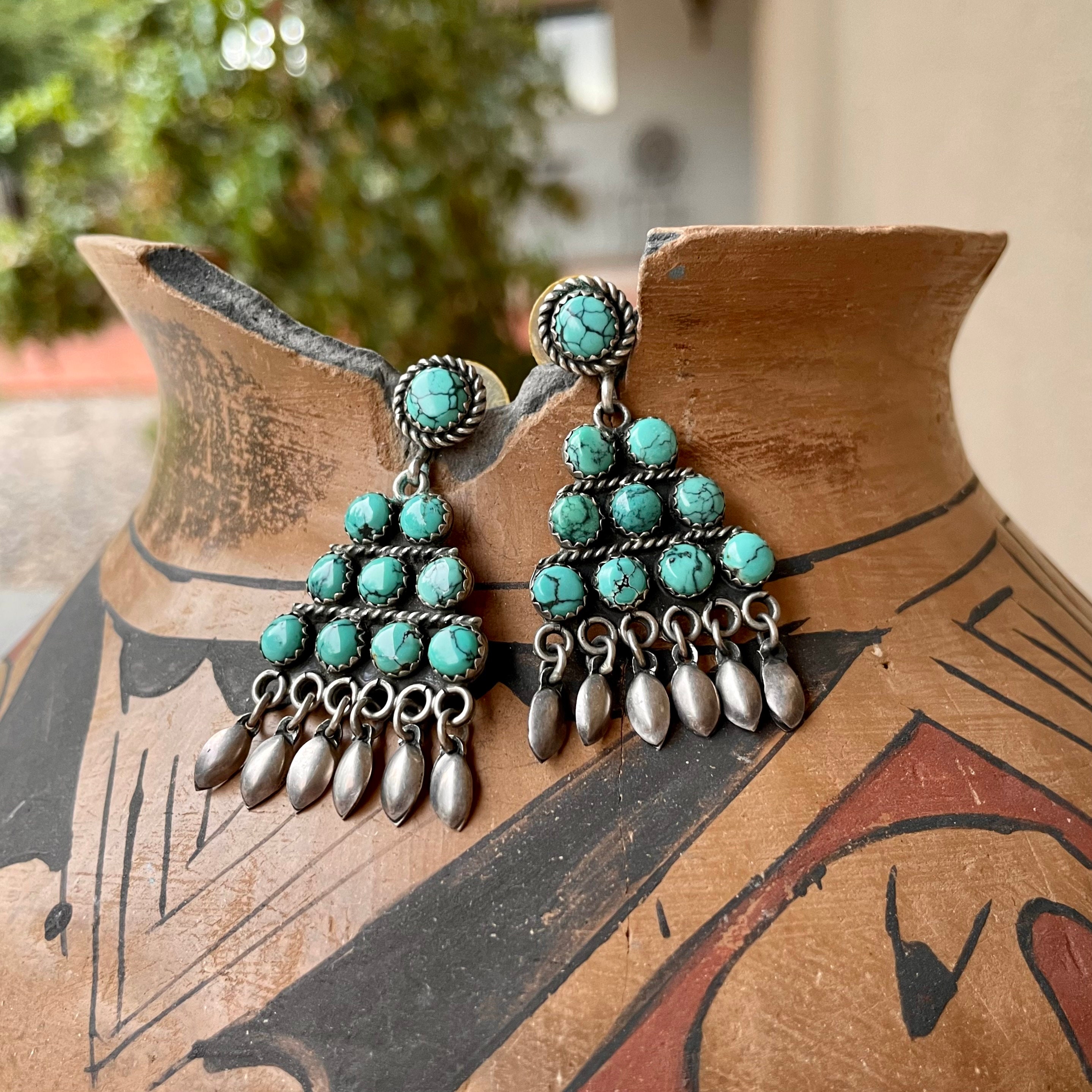 Signed Navajo Turquoise Cluster Earrings with Dangles, Medum Size ...