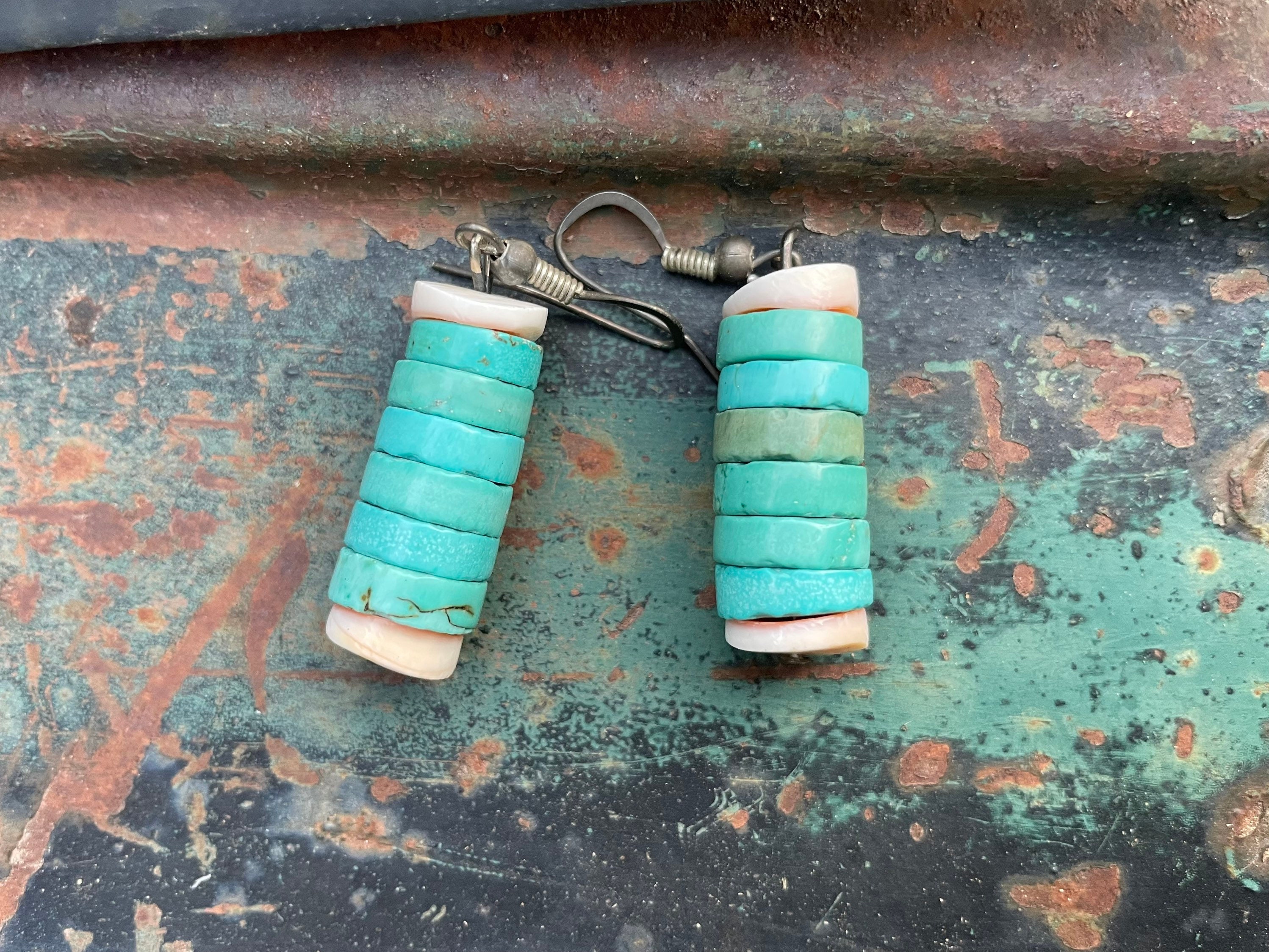 Vintage Stacked Turquoise and White Shell Disc Heishi Earrings, Santo ...