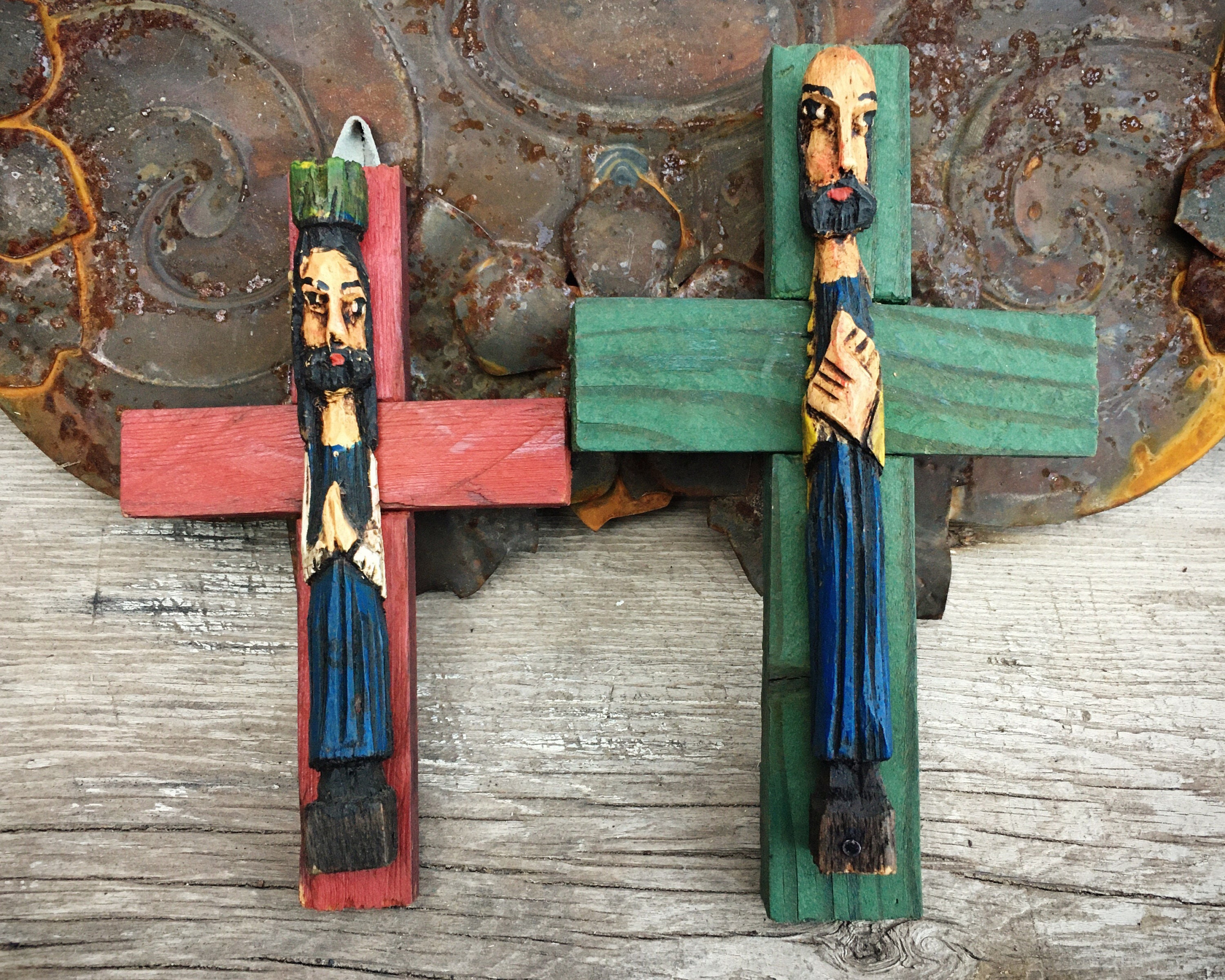 Pair of Small Handmade Mexican Folk Art Jesus Christ on Cross Wall ...