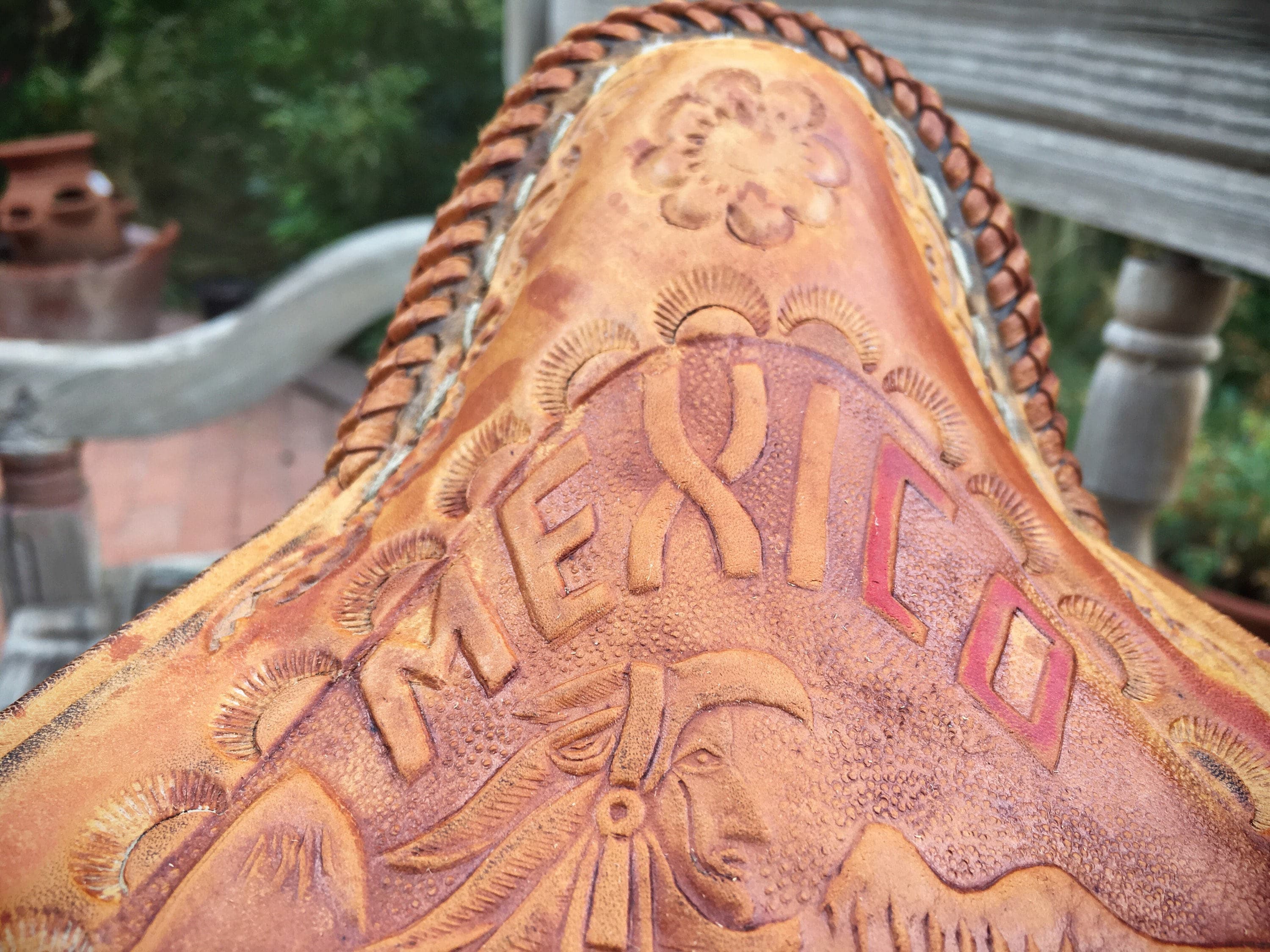 Vintage Mexican tooled leather tripod saddle stool folding legs cowboy ...