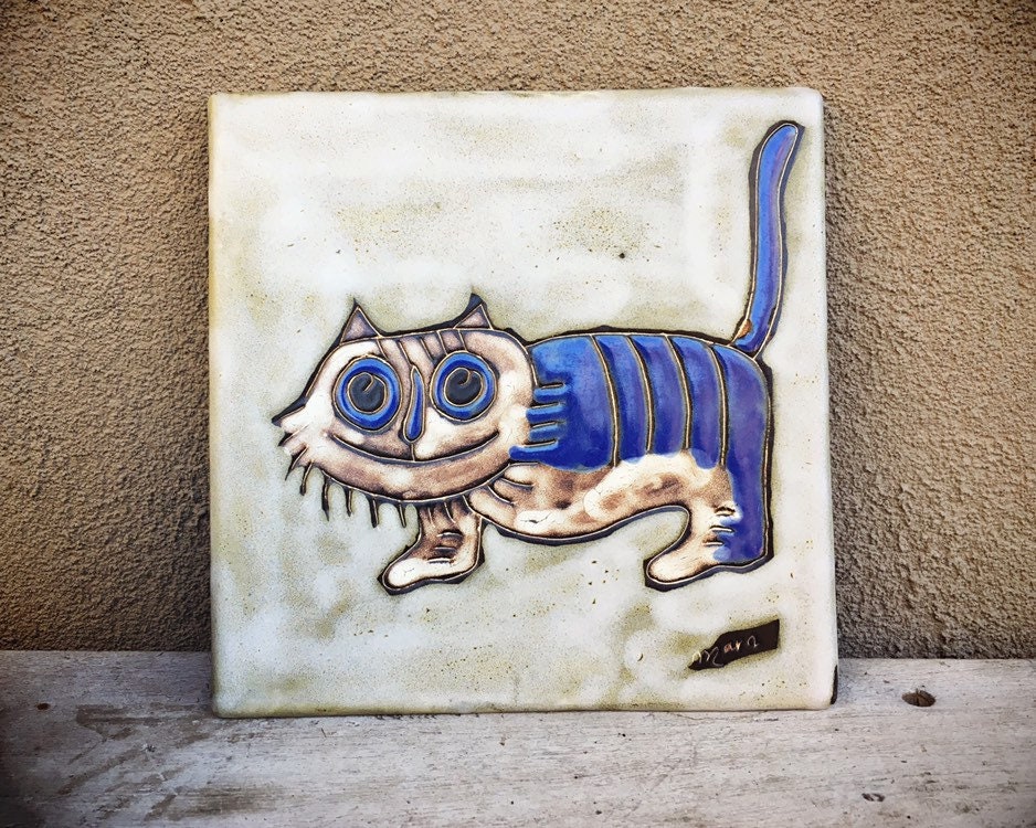 Vintage Ceramic Cat Tile Hot Plate Blue Decor, Southwestern Pottery ...