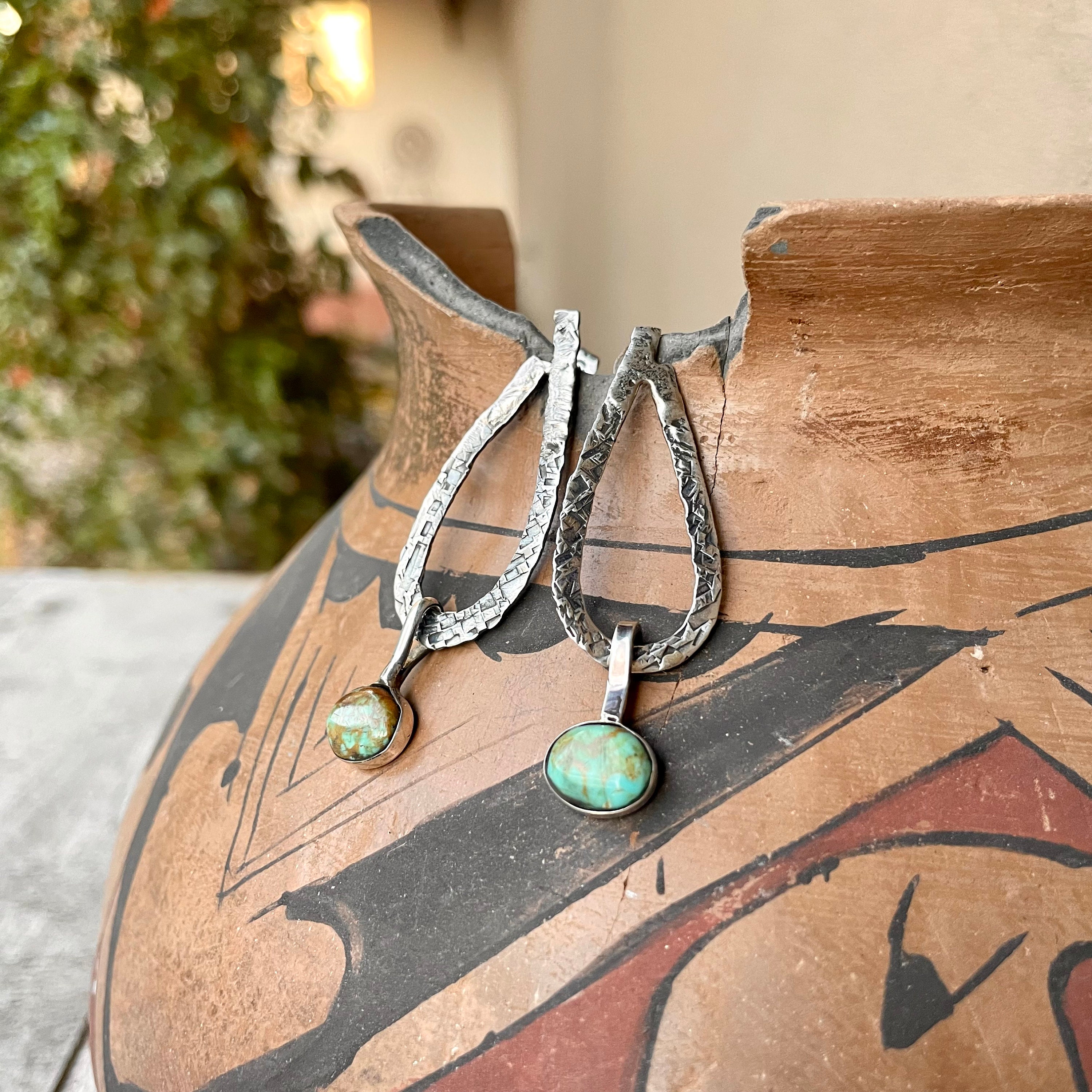 Hammered Sterling Silver Teardrop Post with Green Turquoise Drop, Light ...