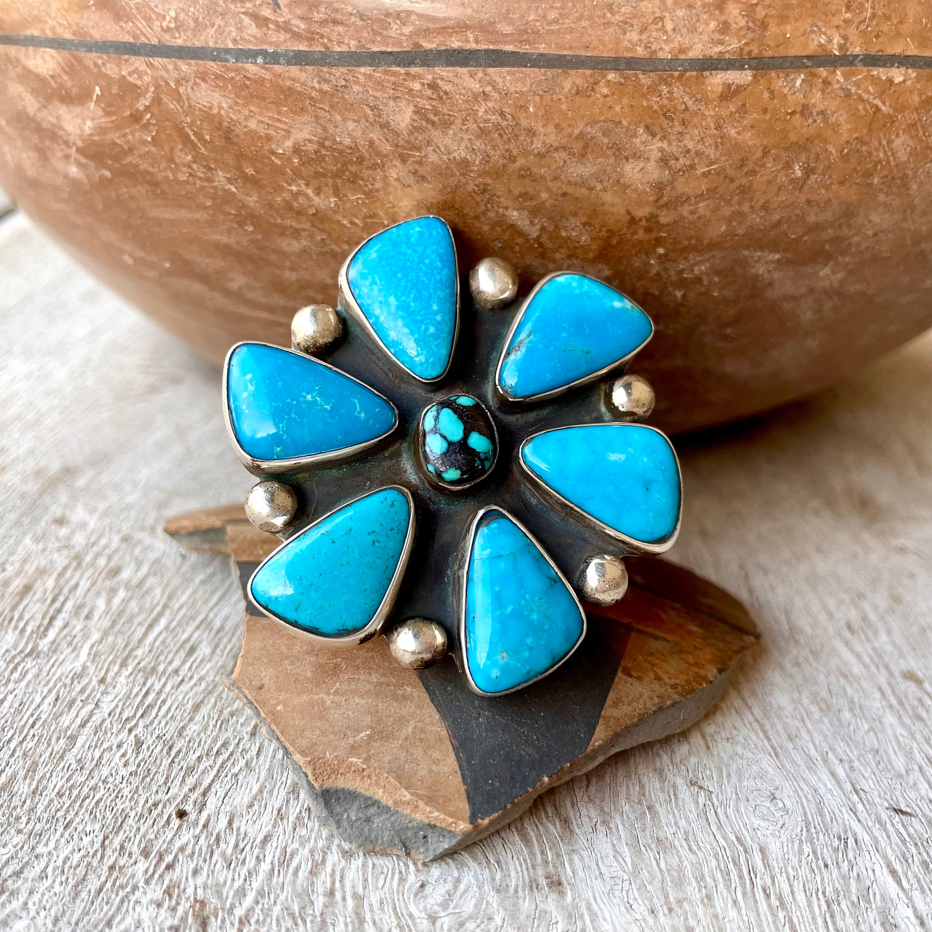 Large Blue Turquoise Cluster Ring Approx Size 10, Signed Navajo Native ...