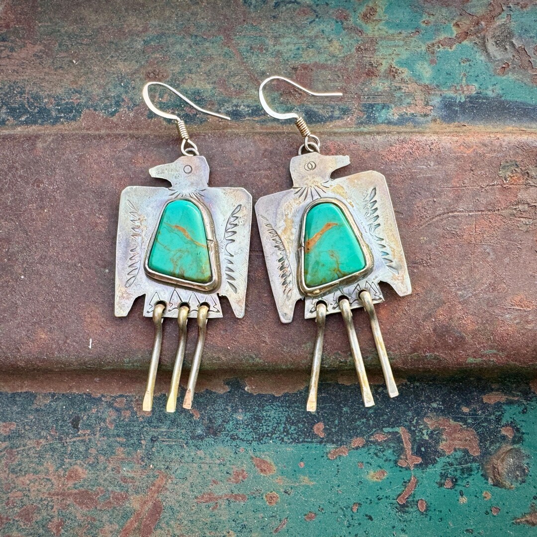 Stamped Silver & Turquoise Thunderbird Earrings W/ Dangles, Navajo ...