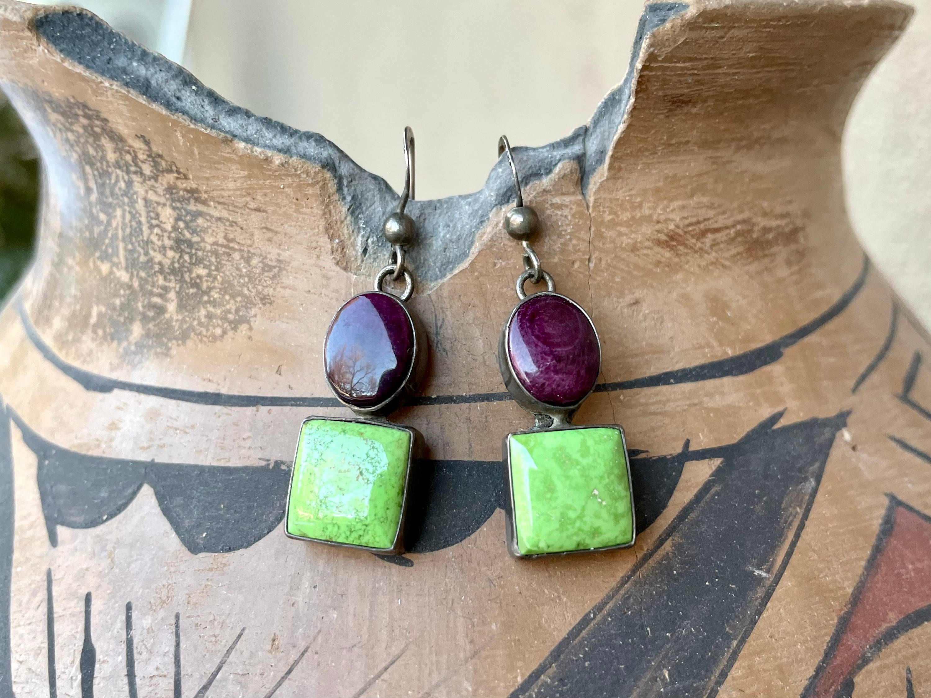 Small Purple Sugilite and Green Gaspeite Earrings by Navajo Sylvia Chee, Vintage Native American
