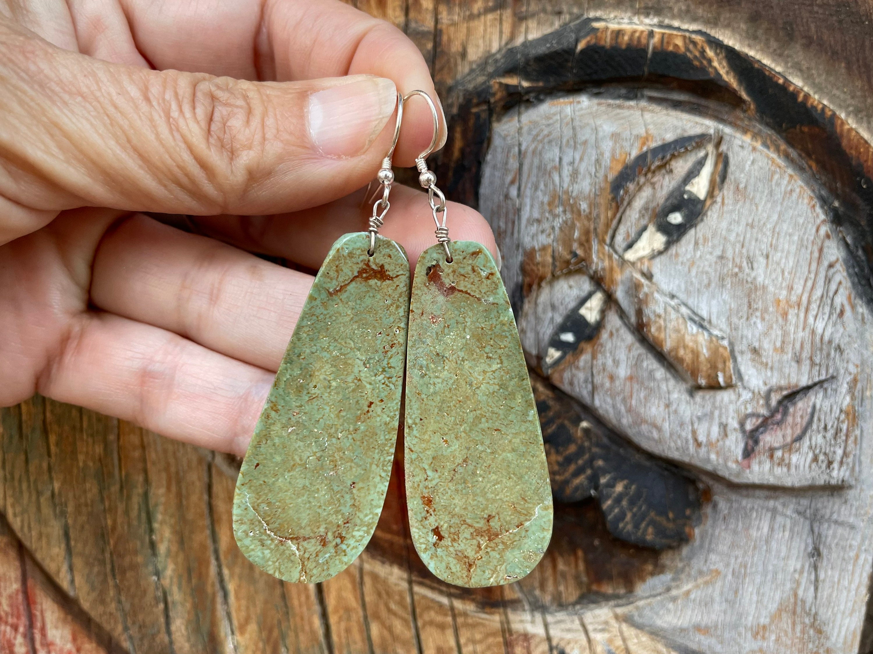 2 Long Green Turquoise Slab Earrings, Santo Domingo Pueblo Native ...