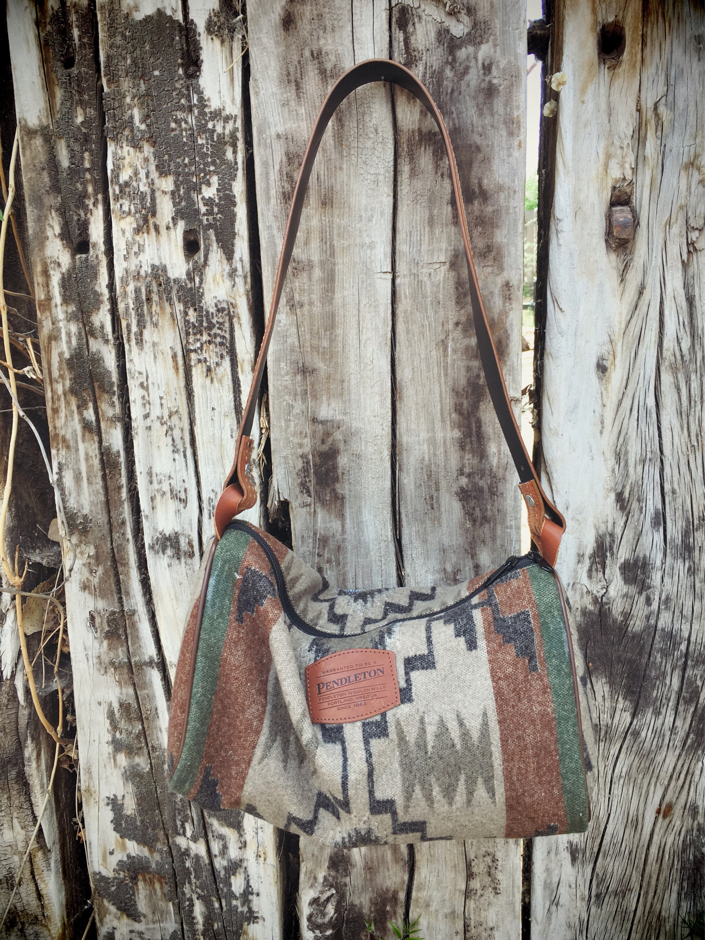 Made in USA Pendleton Fabric Bag with Leather Handles, Light Satchel ...