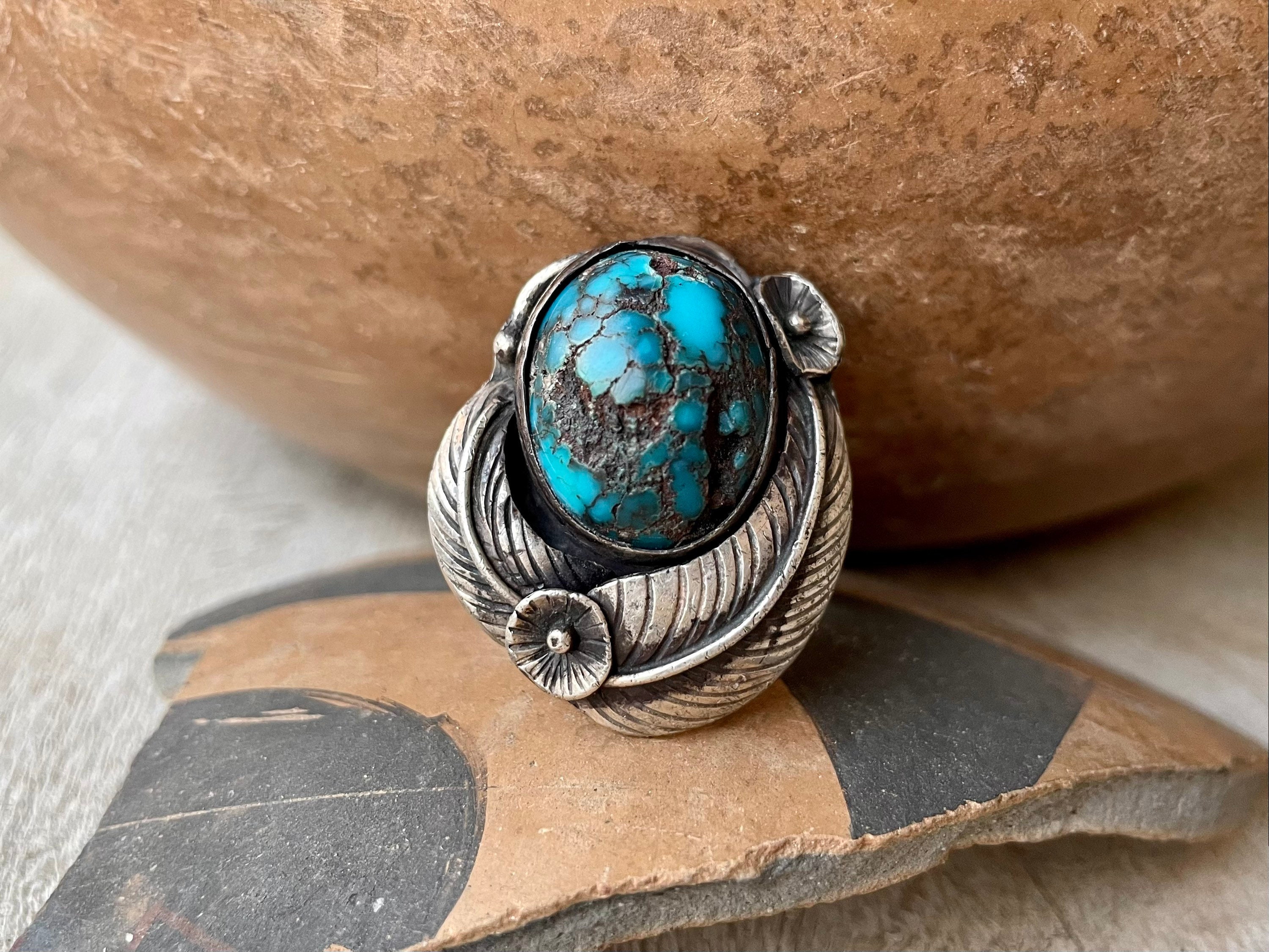 Vintage Natural Domed Matrixed Turquoise in Sterling Silver Leaf ...