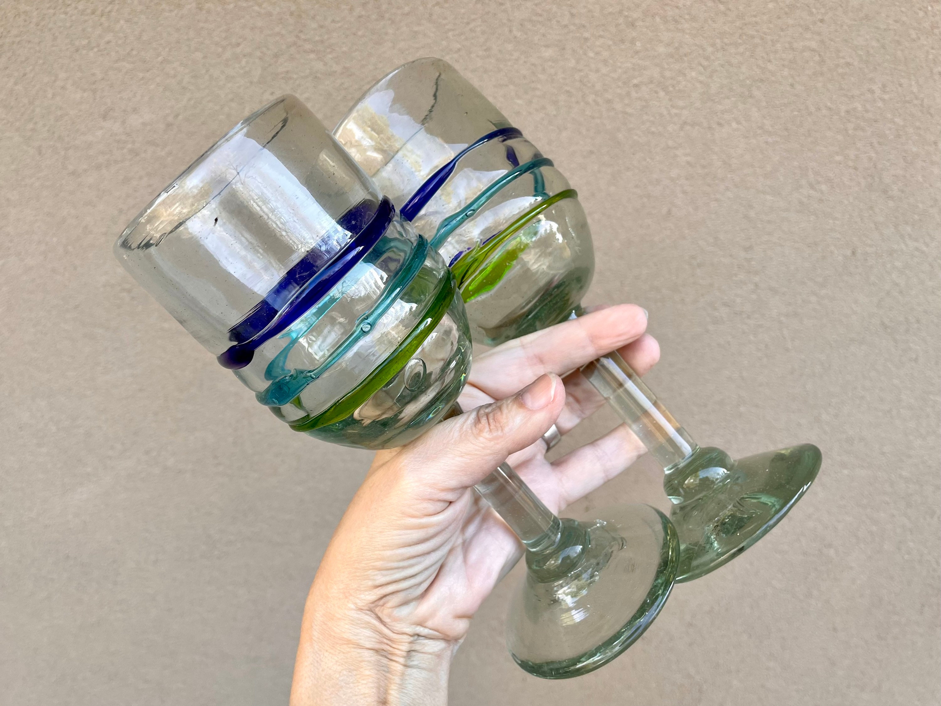 Two Mexican Blown Glass Margarita Goblets Swirl Design, Thick Hand Made ...