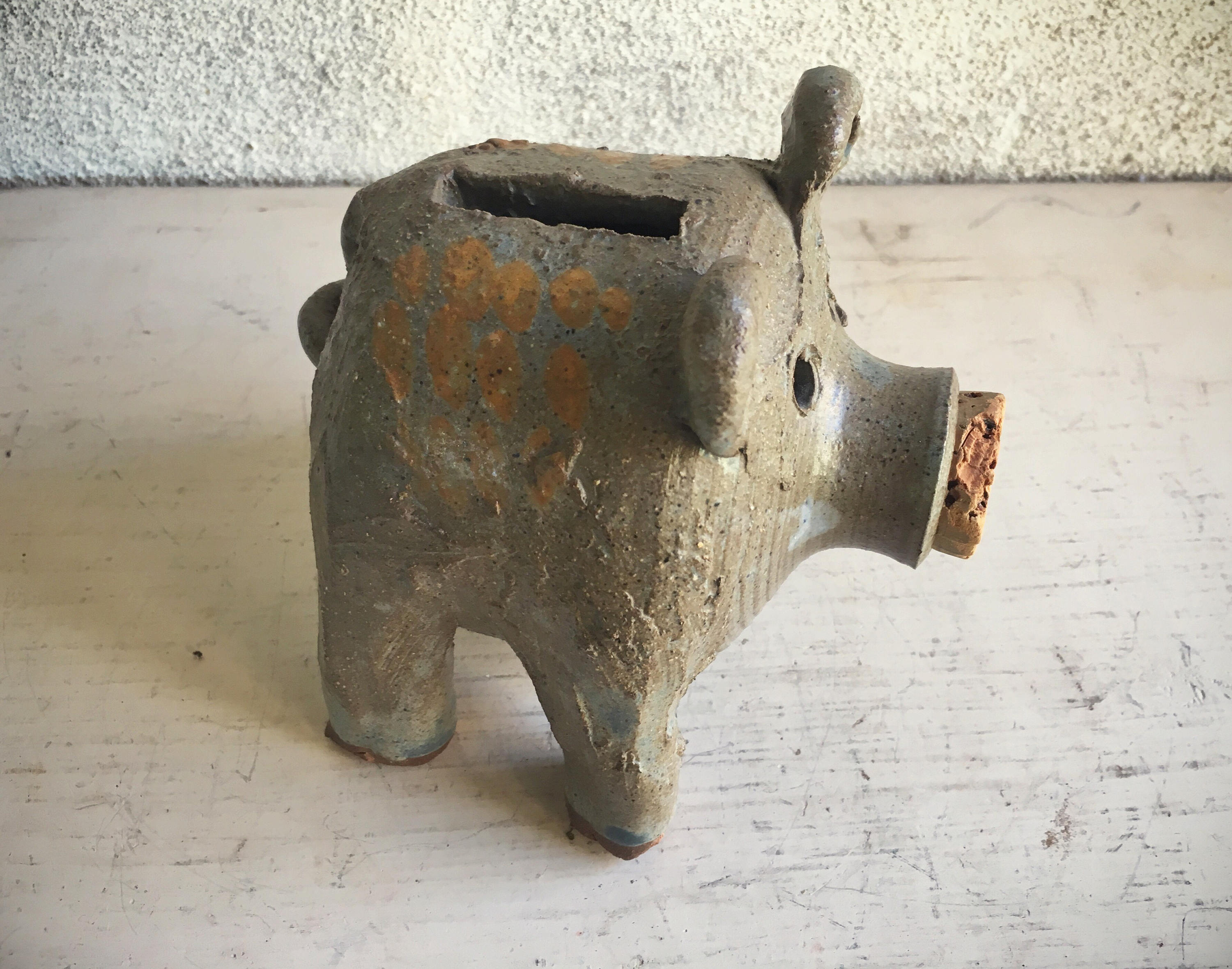 Vintage Art Studio Pottery Piggy Bank with Cork Snout Pig Lover Gift