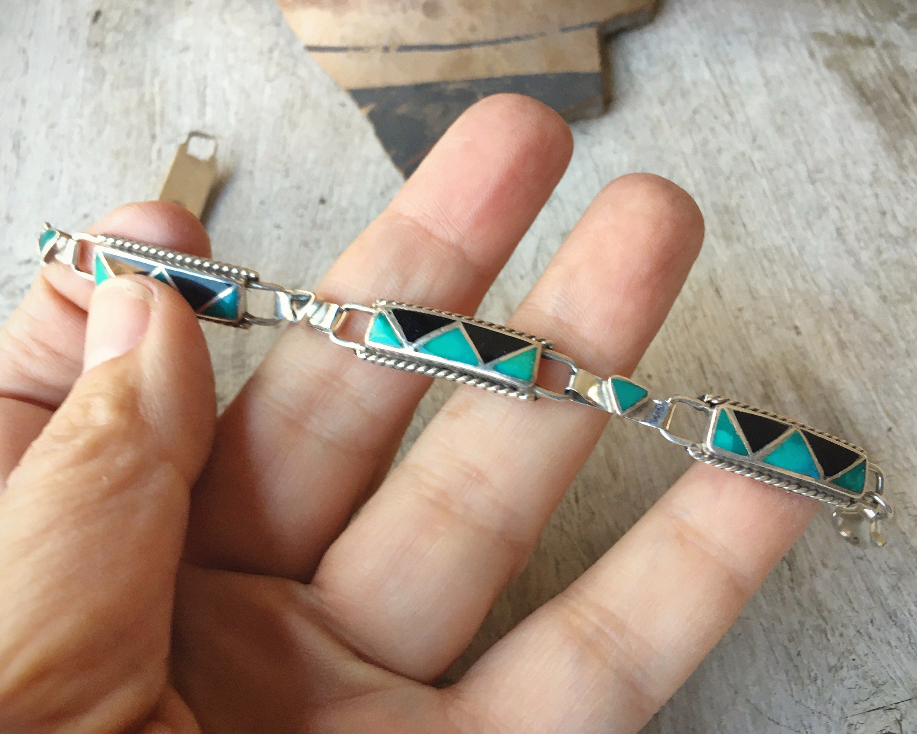 Vintage Turquoise Black Onyx Panel Link Bracelet Channel Inlay, Native ...
