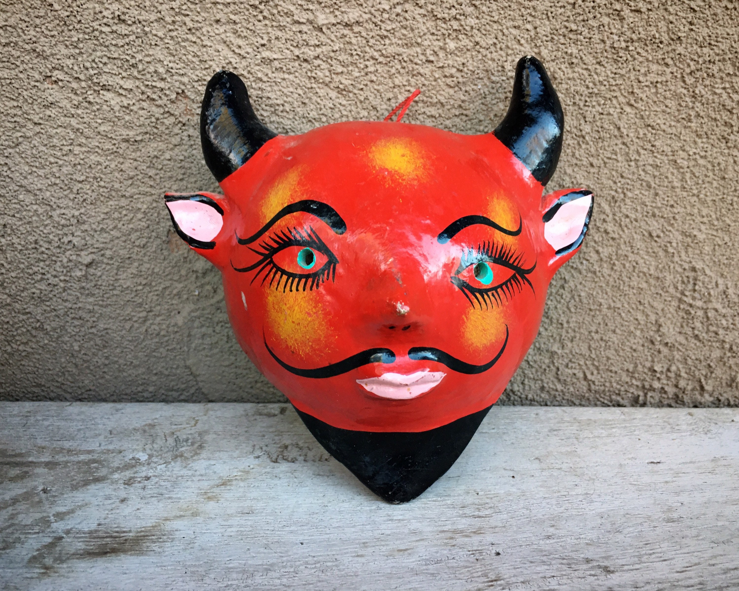 Vintage Mexican Folk Art Demon Mask Coconut Shell Wall Hanging, Mexican ...