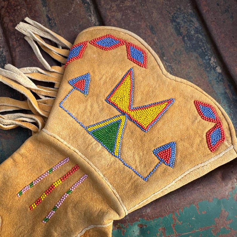 Pair of Antique Beaded Leather Gauntlet Gloves, Simple Geometric Design ...