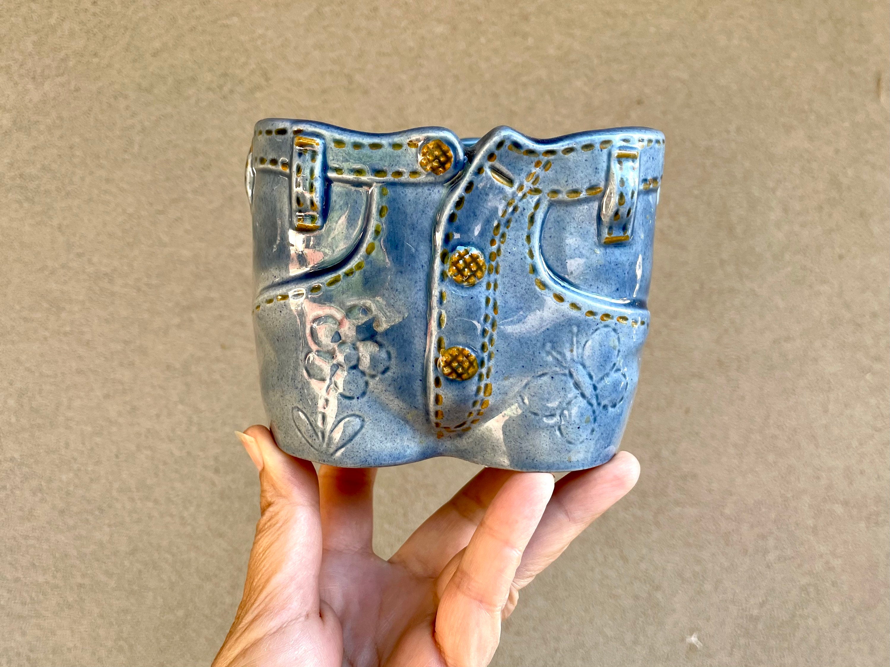 Pair of 1970s Denim Jean Ceramic Planter Vase or Pencil Holders, Retro ...