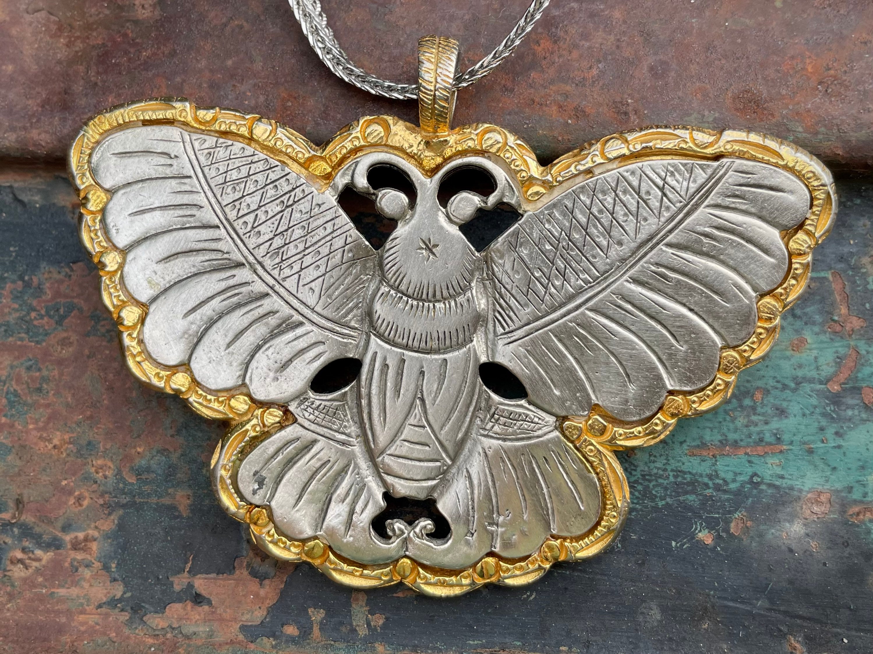 Rare Kenneth Jay Lane Moth Pendant Circa 1960s 1970s Gold and Silver ...