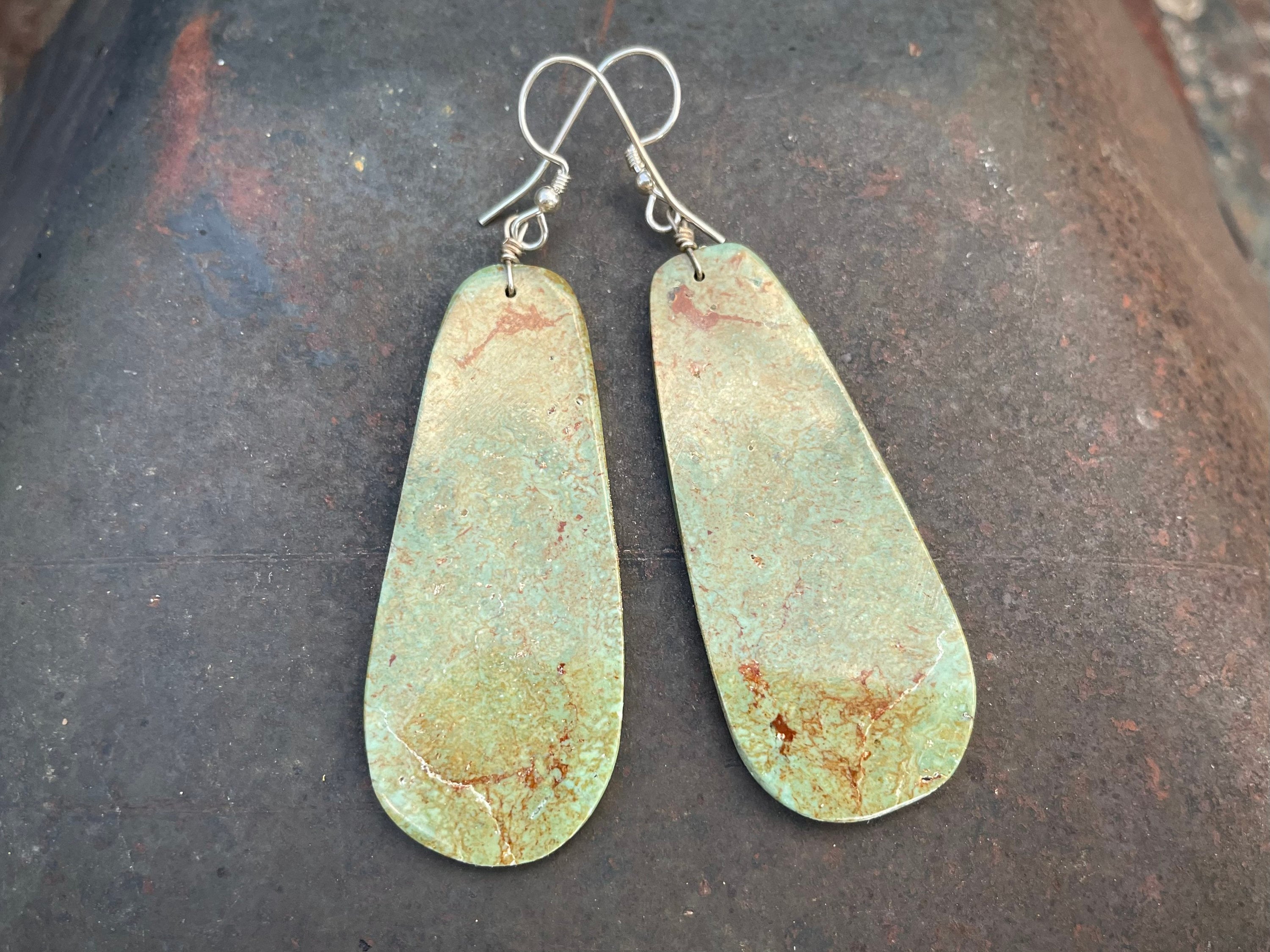 2 Long Green Turquoise Slab Earrings, Santo Domingo Pueblo Native ...